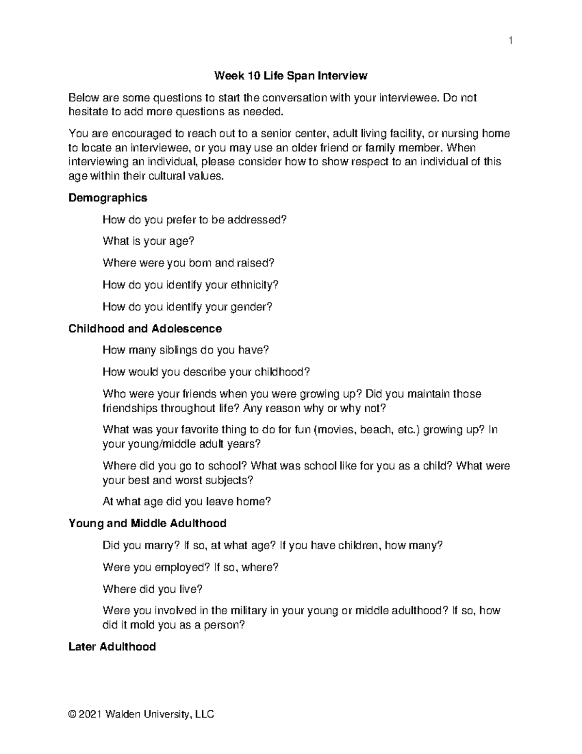 SOCW 6210 W09 Life Span Interview - 1 © 2021 Walden University, LLC ...