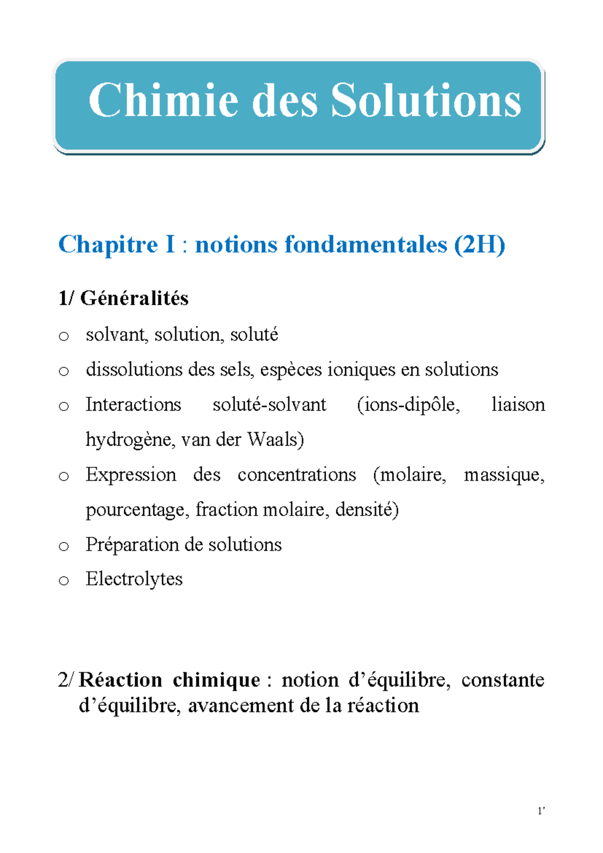 Chimie des solutionschapitre I-II - Chimie des Solutions Chapitre I : notions fondamentales (2H ...