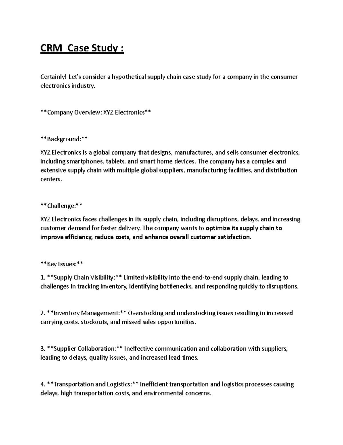 Supply chain case study - Company Overview: XYZ Electronics Background ...