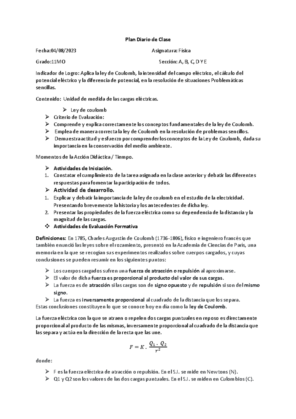 Plan Diario fisica 15 08 - Plan Diario de Clase Fecha:04/08/2023 ...