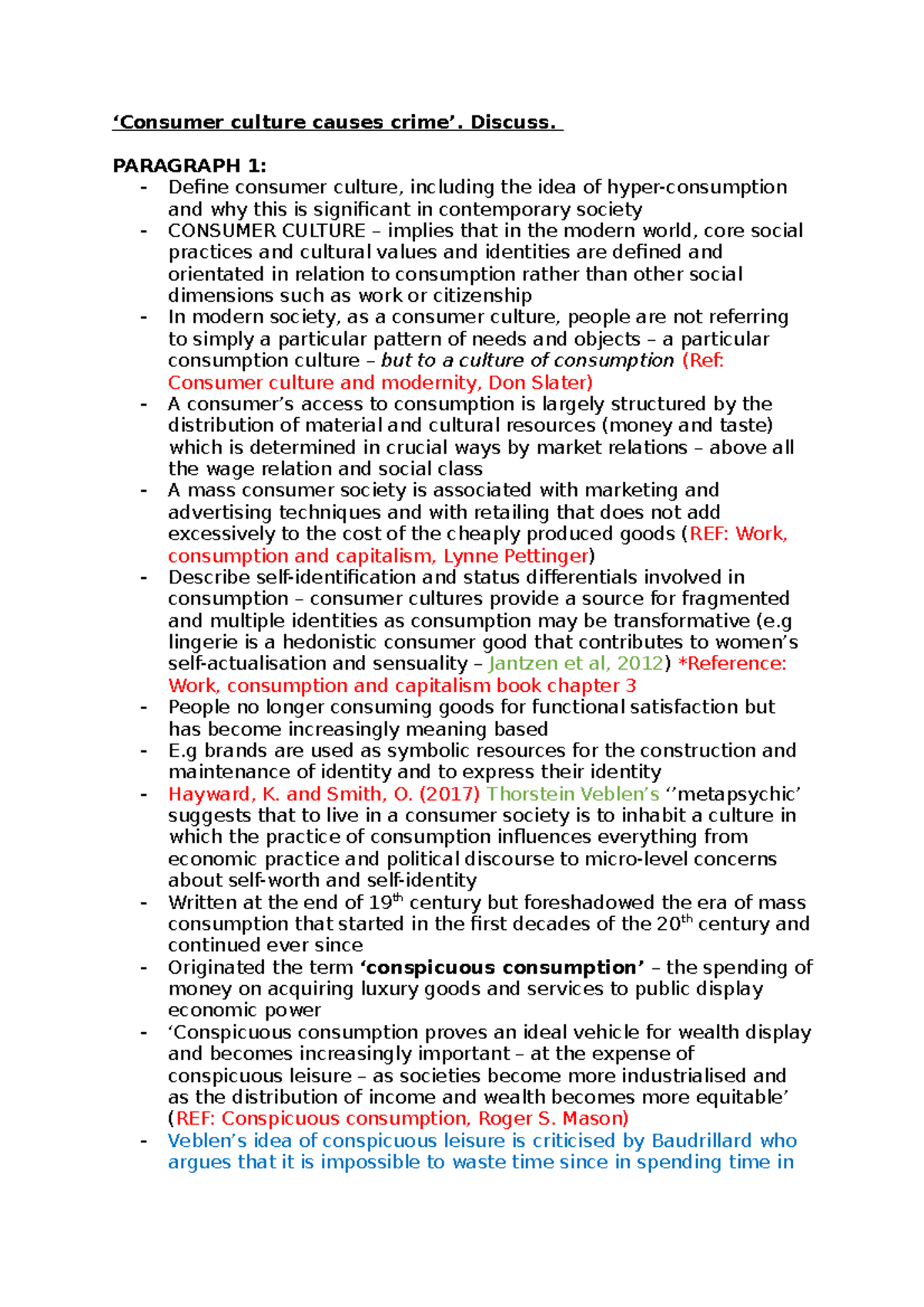 Essay Plan - n/a - ‘Consumer culture causes crime’. Discuss. PARAGRAPH ...