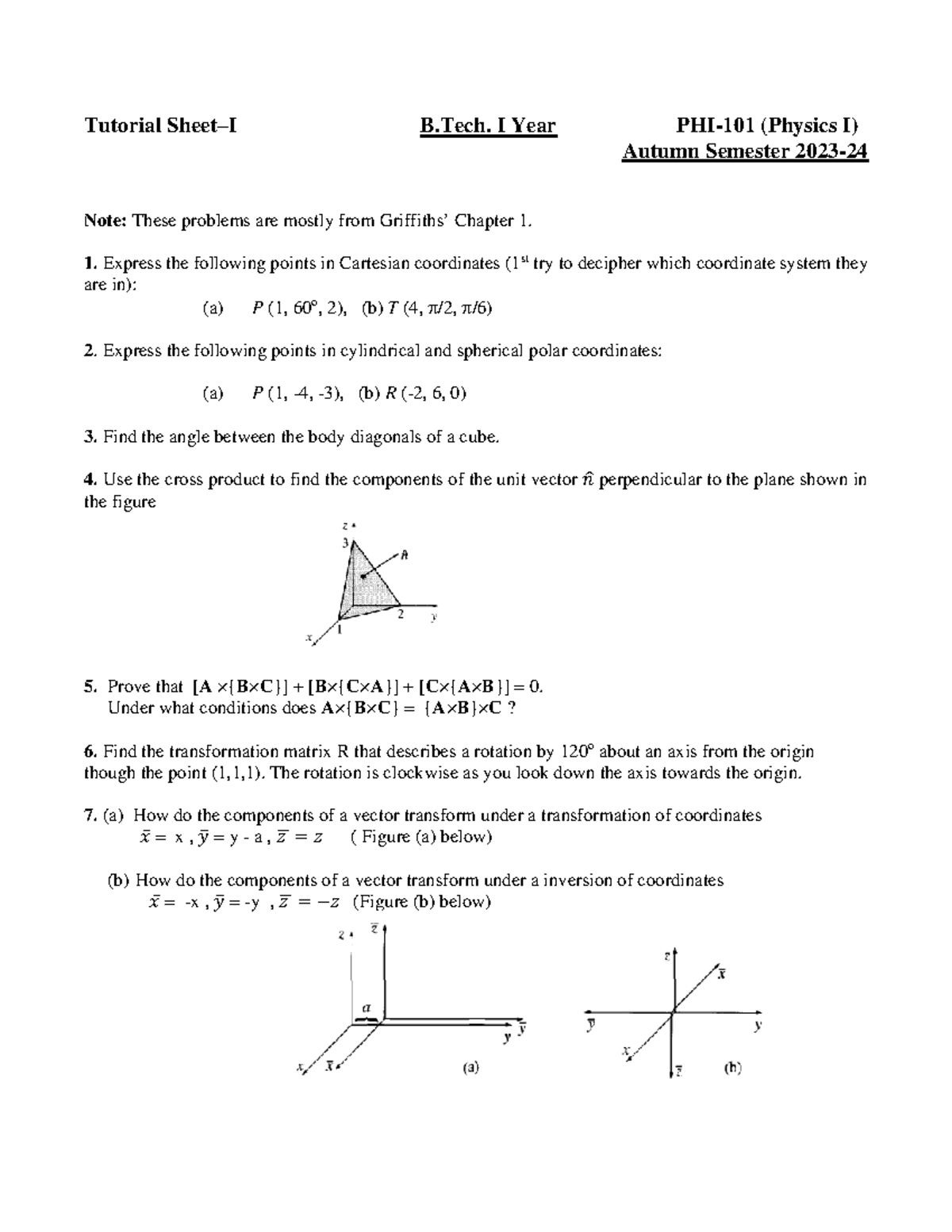 Tutorial 1 Vectors PHI-101 Autumn 2023-24 2 - Tutorial Sheet–I B. I ...