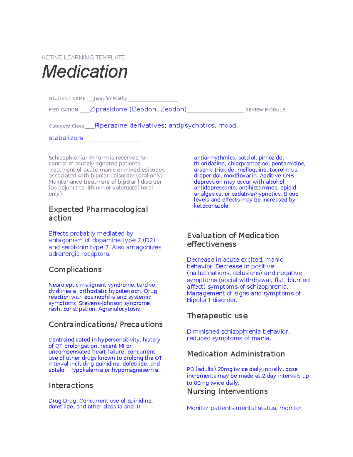 Ziprasidone (Geodon, Zeodon) - ACTIVE LEARNING TEMPLATE: Medication ...