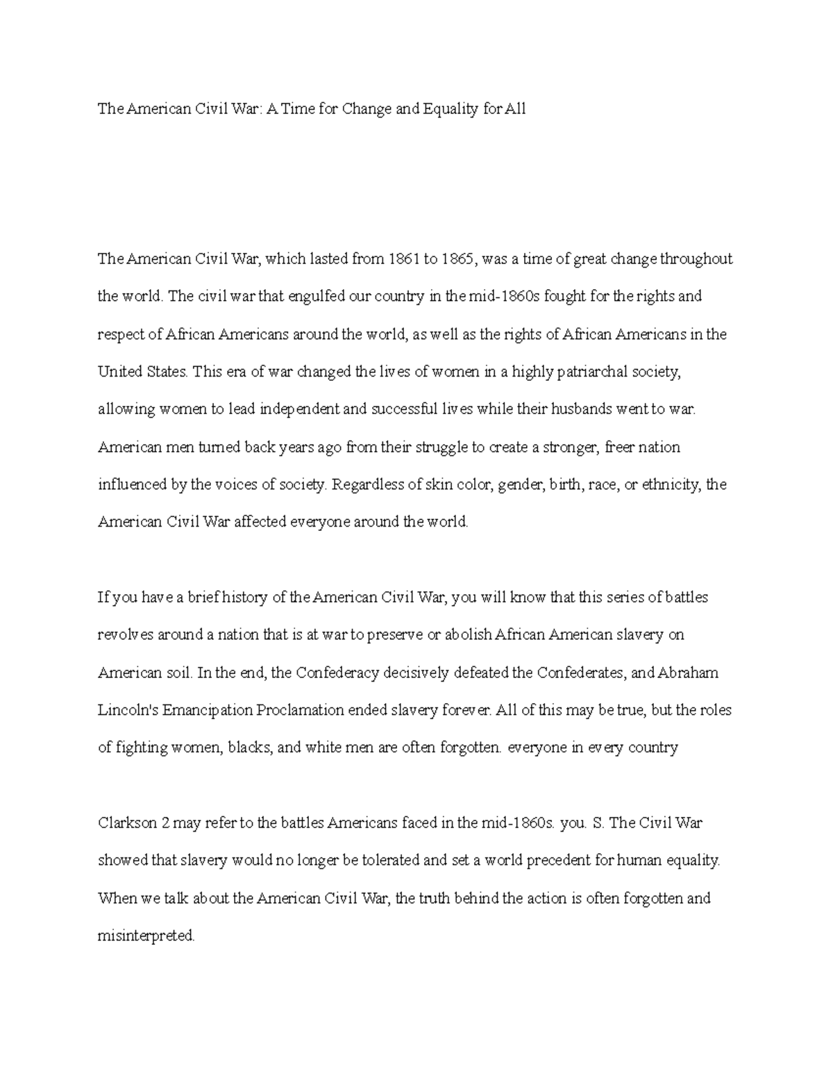 The American Civil War A Time for Change and Equality for All - The ...
