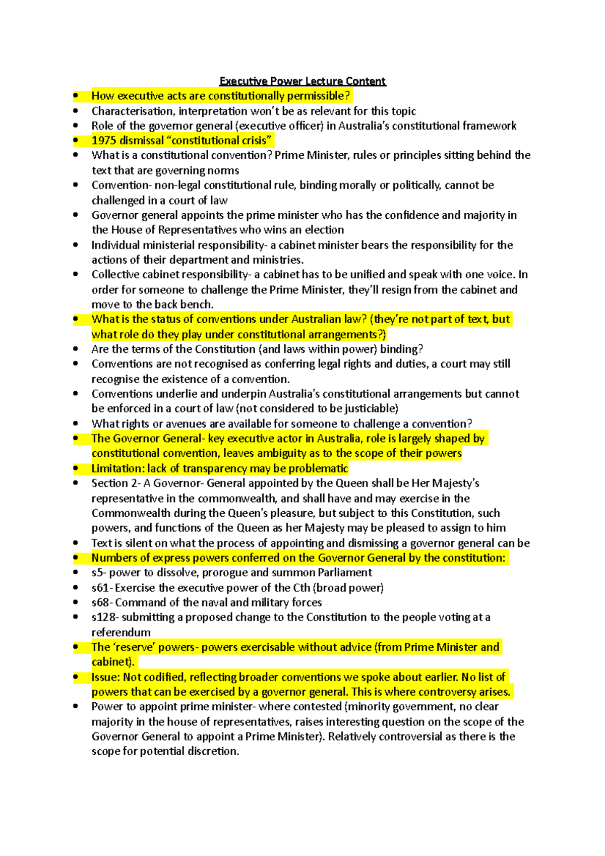 Executive Power Lecture Content - Collective cabinet responsibility- a cabinet has to be unified ...