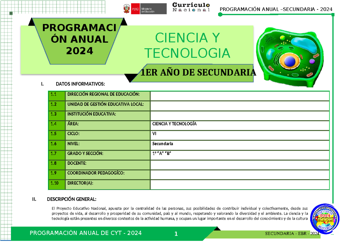 Programación Anual 1º CYT- 2024 - PROGRAMACIÓN ANUAL –SECUNDARIA - 2024 PROGRAMACIÓN ANUAL DE ...