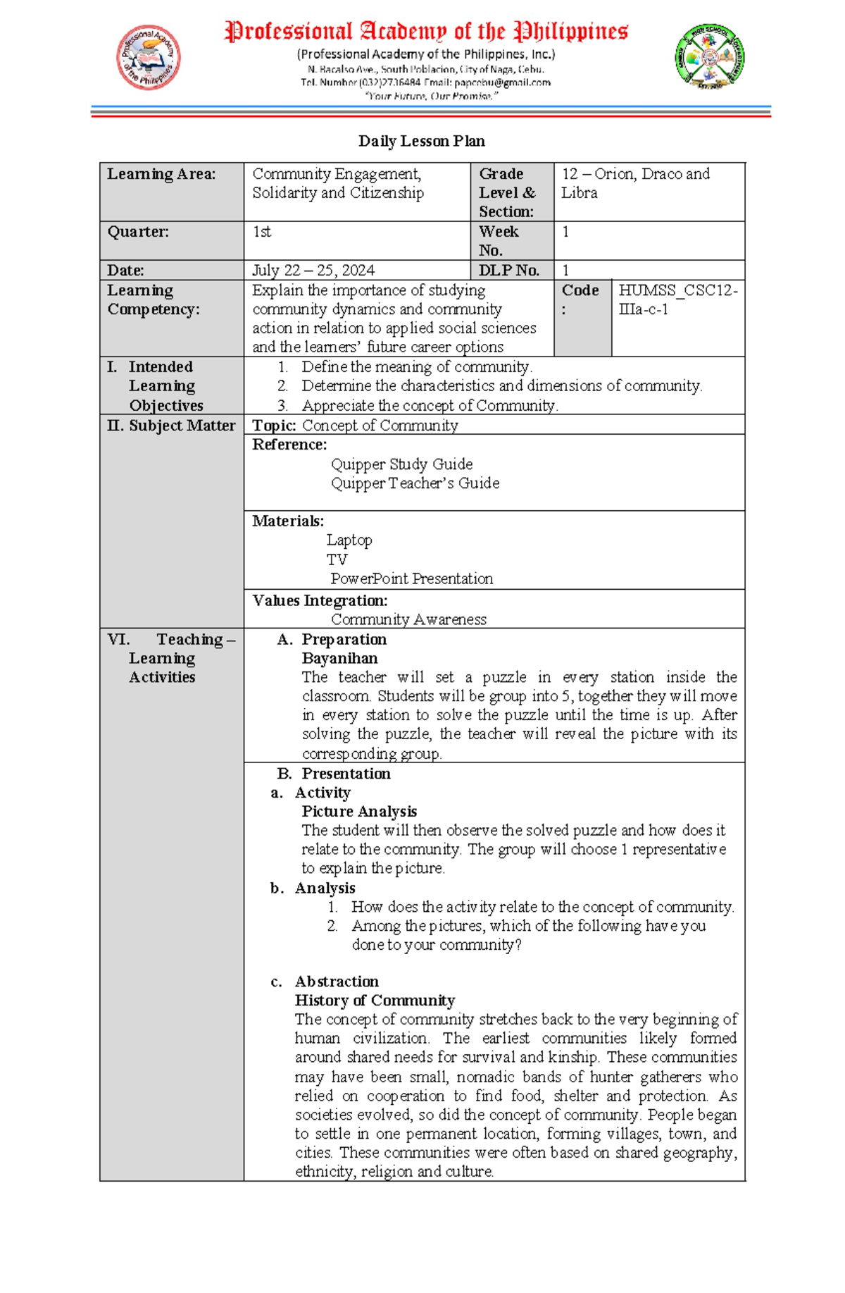 DLP NO. 1 - CSC - SHS Lesson Plan for Community Engagement, Solidarity ...