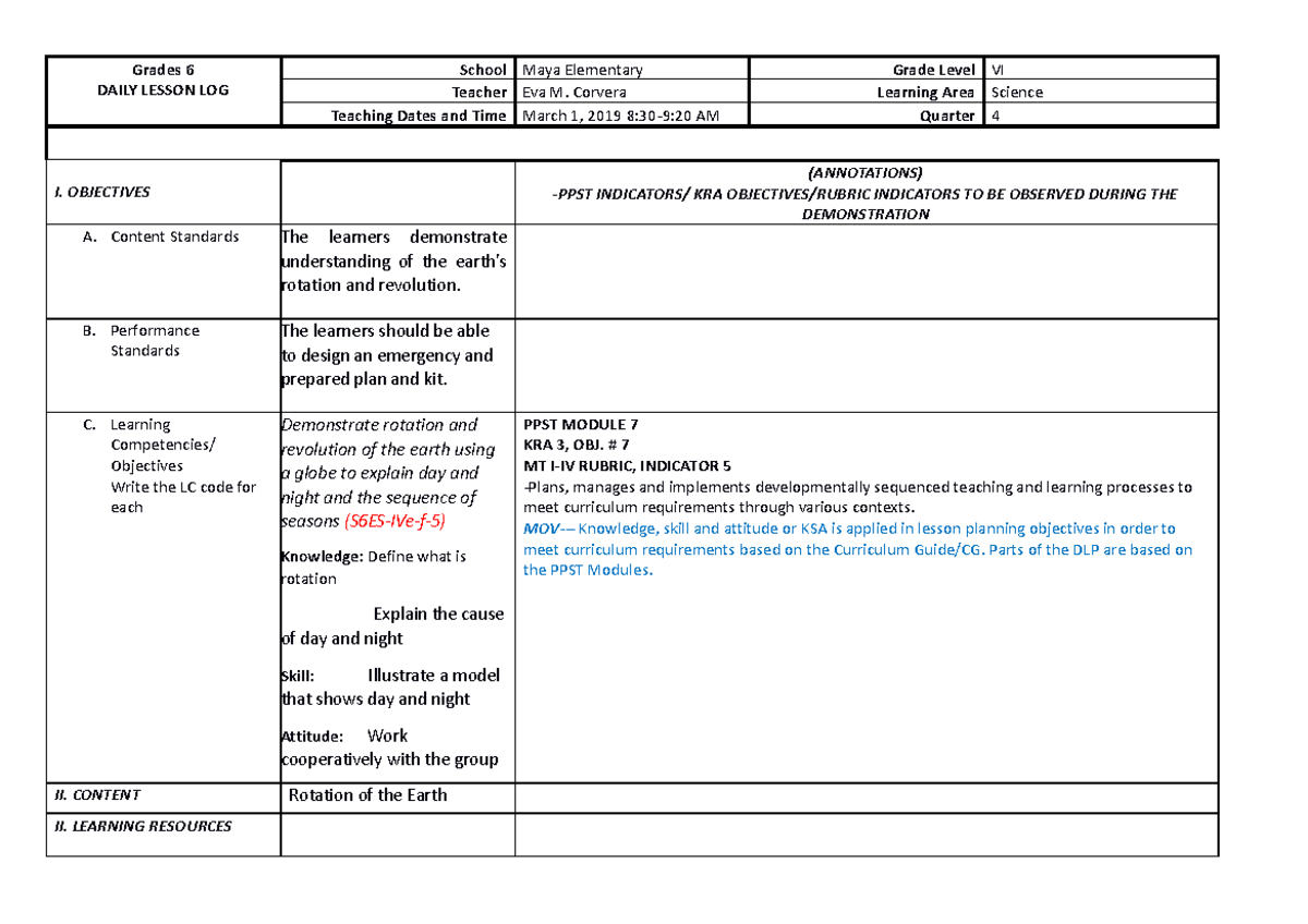 COT DLP Science 6 Earth'S Rotation BY Master Teacher EVA M. Corvera - Grades 6 DAILY LESSON LOG ...