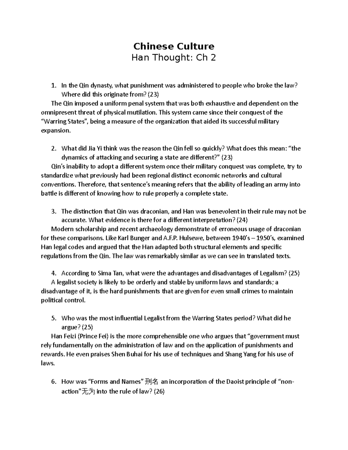 SQ Han 2 - SQ Han 2 - Chinese Culture Han Thought: Ch 2 In the Qin ...