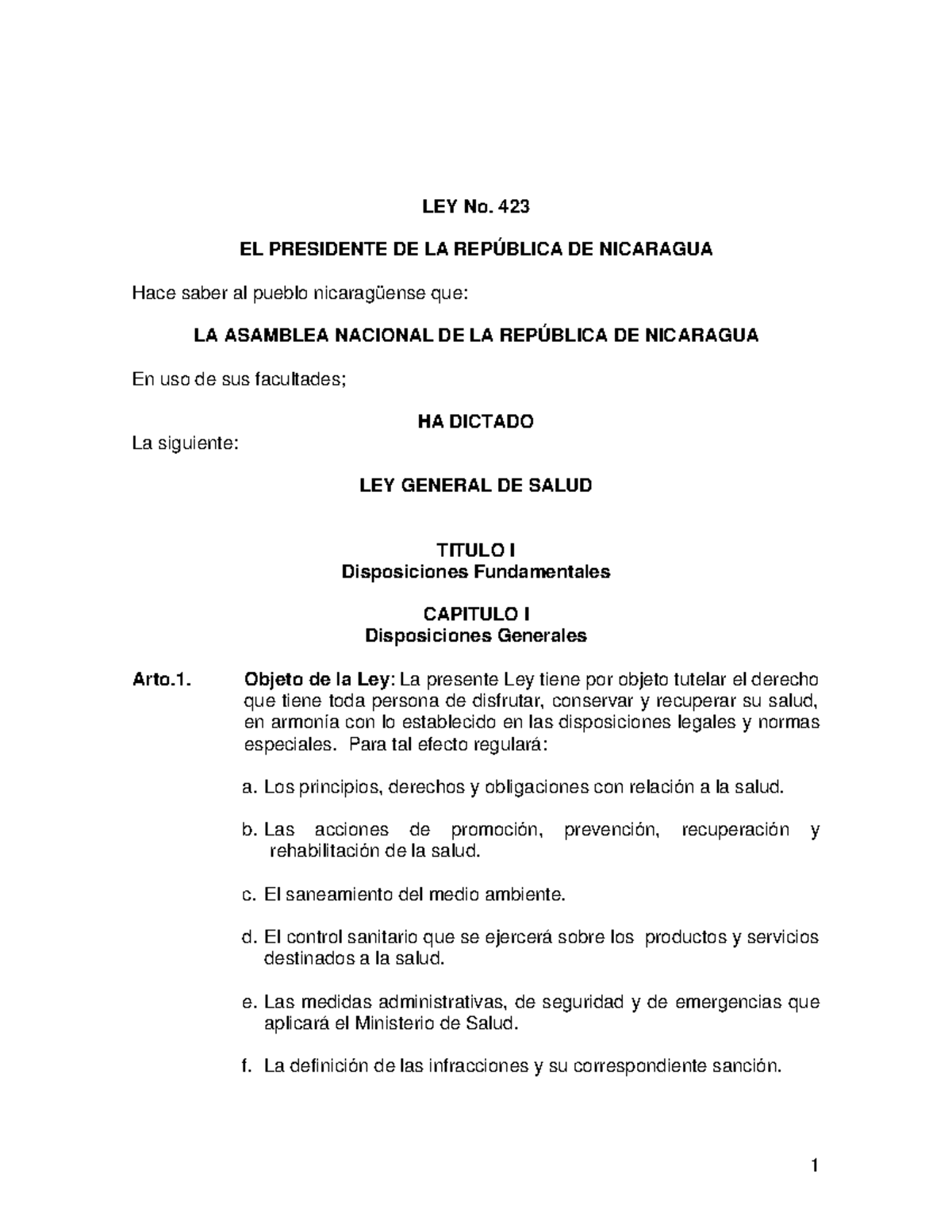 2. . Ley General de Salud 423 - LEY No. 423 EL PRESIDENTE DE LA ...