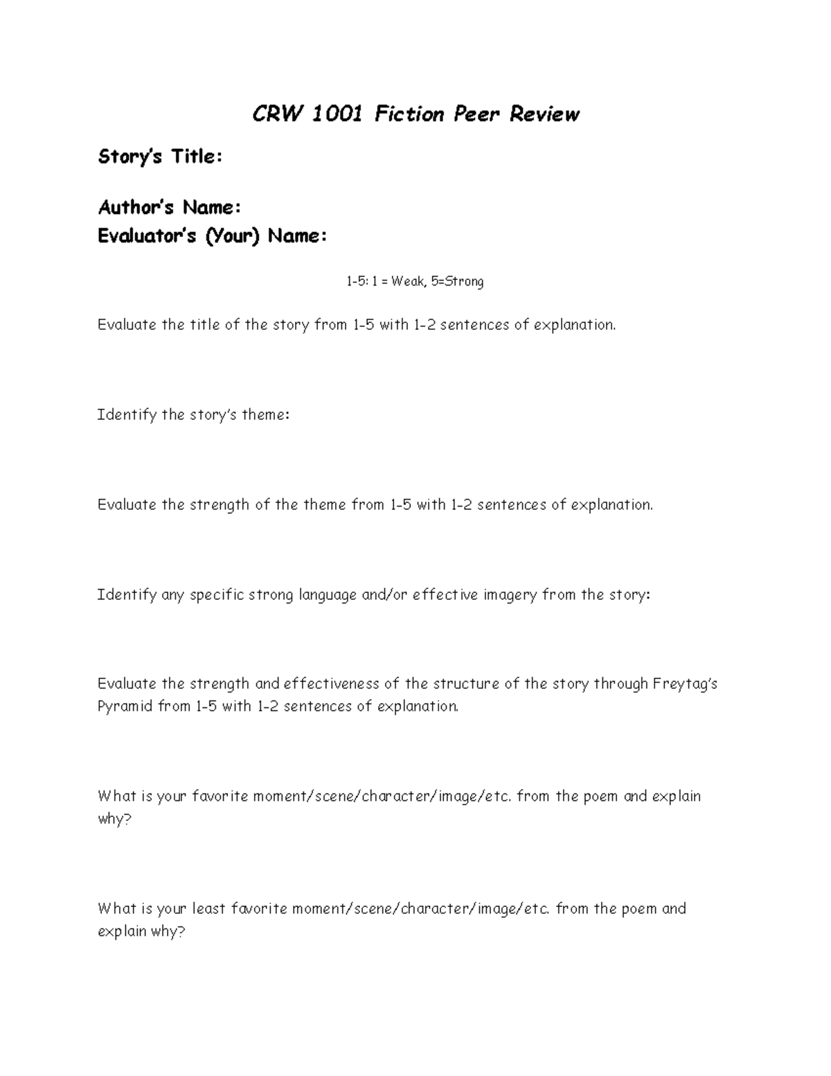 CRW 1001 Fiction Peer review 2 - CRW 1001 Fiction Peer Review Story’s ...