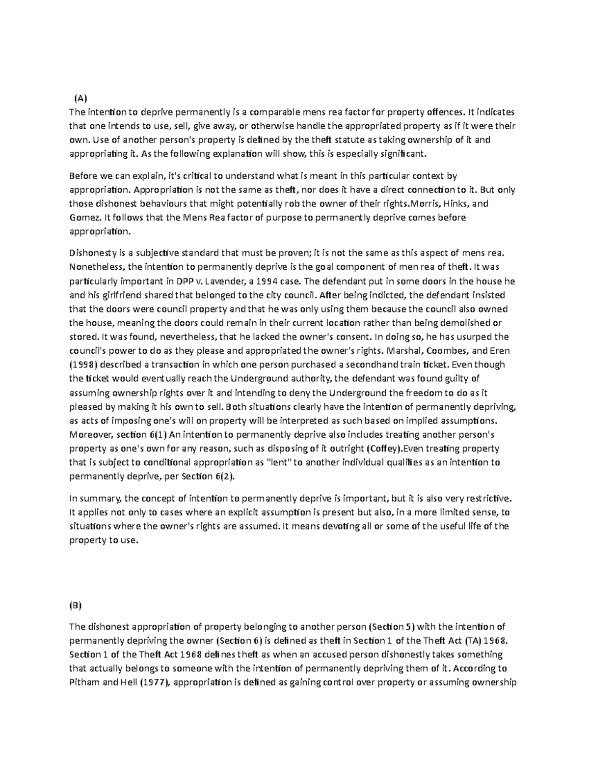 Criminal law - (A) The intention to deprive permanently is a comparable ...