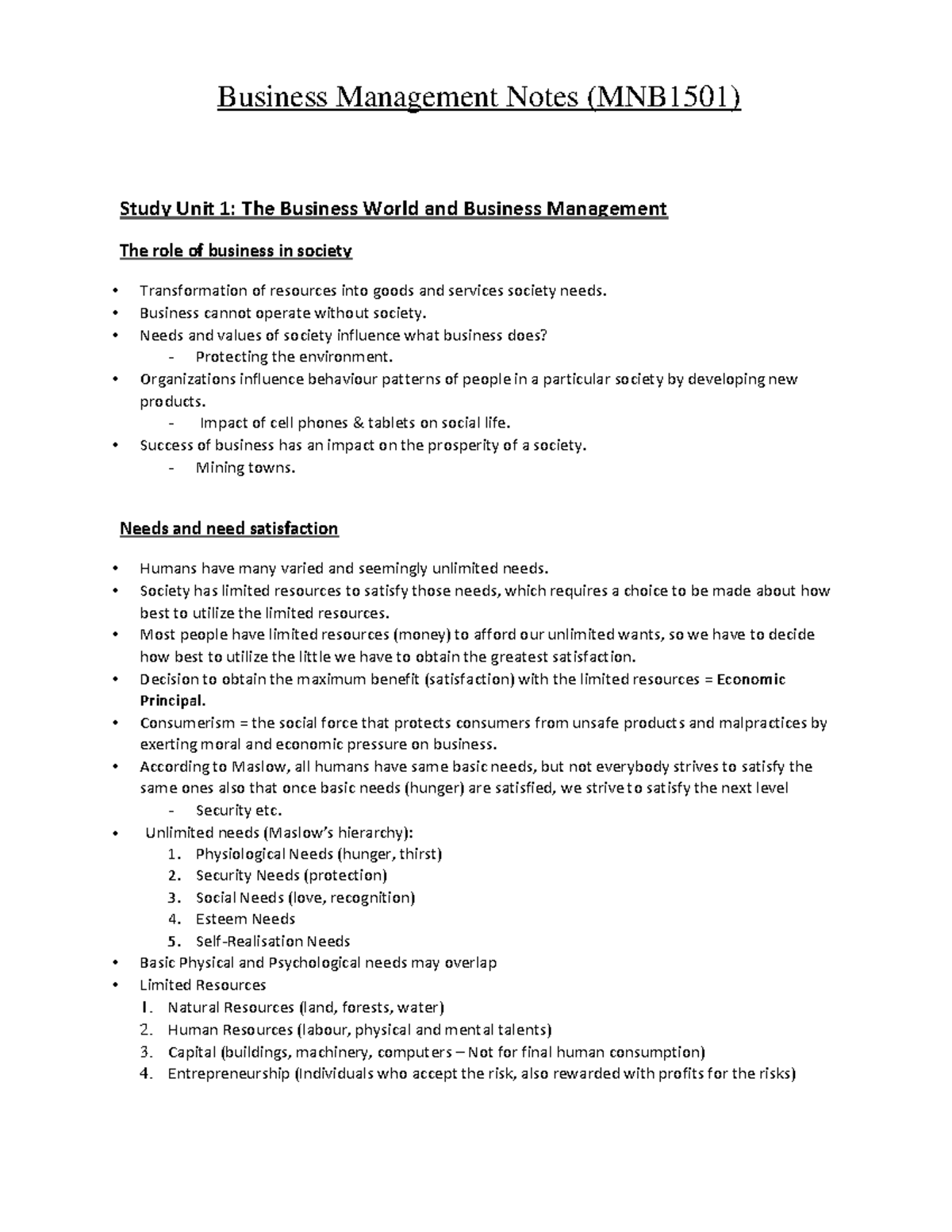 MNB1501 - Summary (Exam Prep) - Business Management Notes (MNB1501 ...