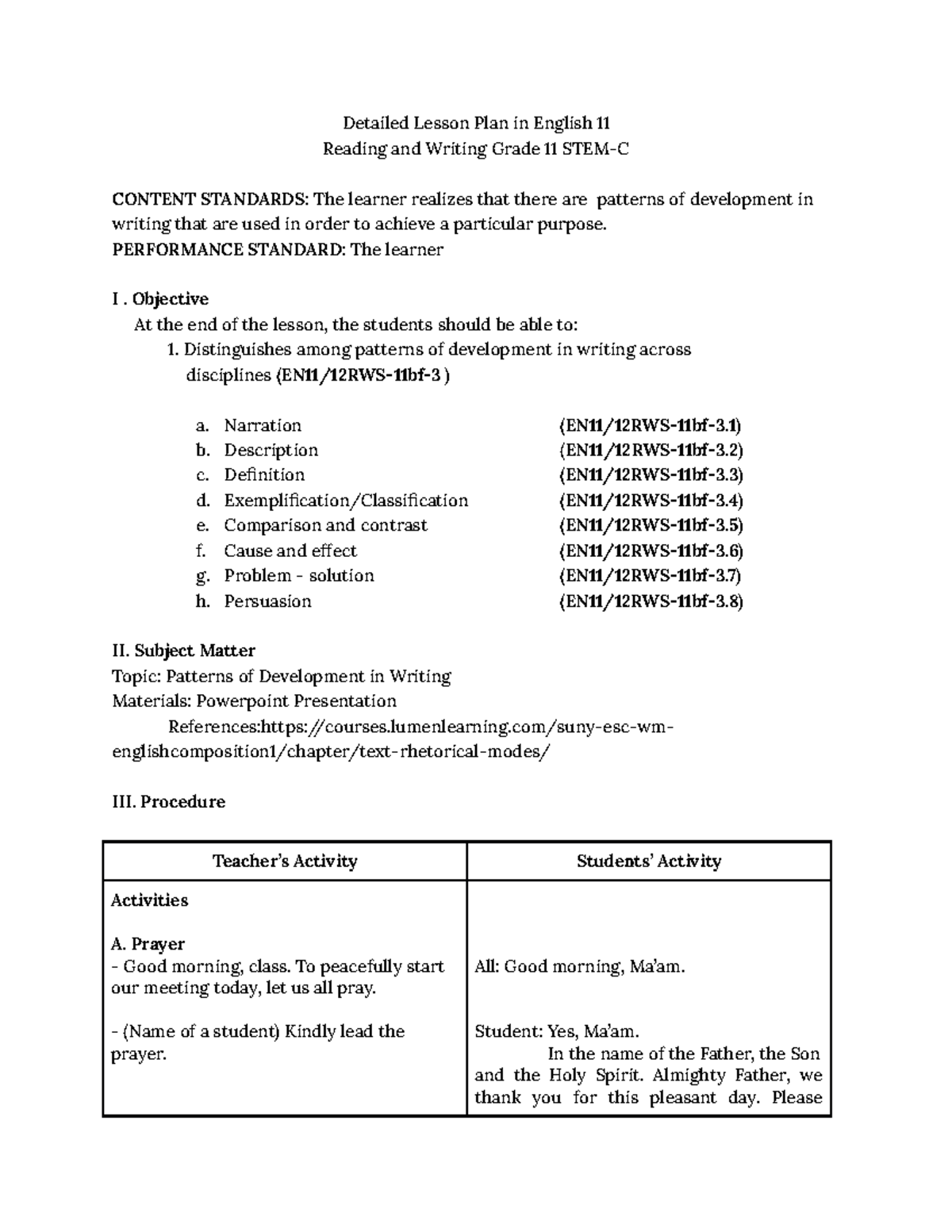 1st Lesson Plan BSED Detailed Lesson Plan In English 11 Reading And