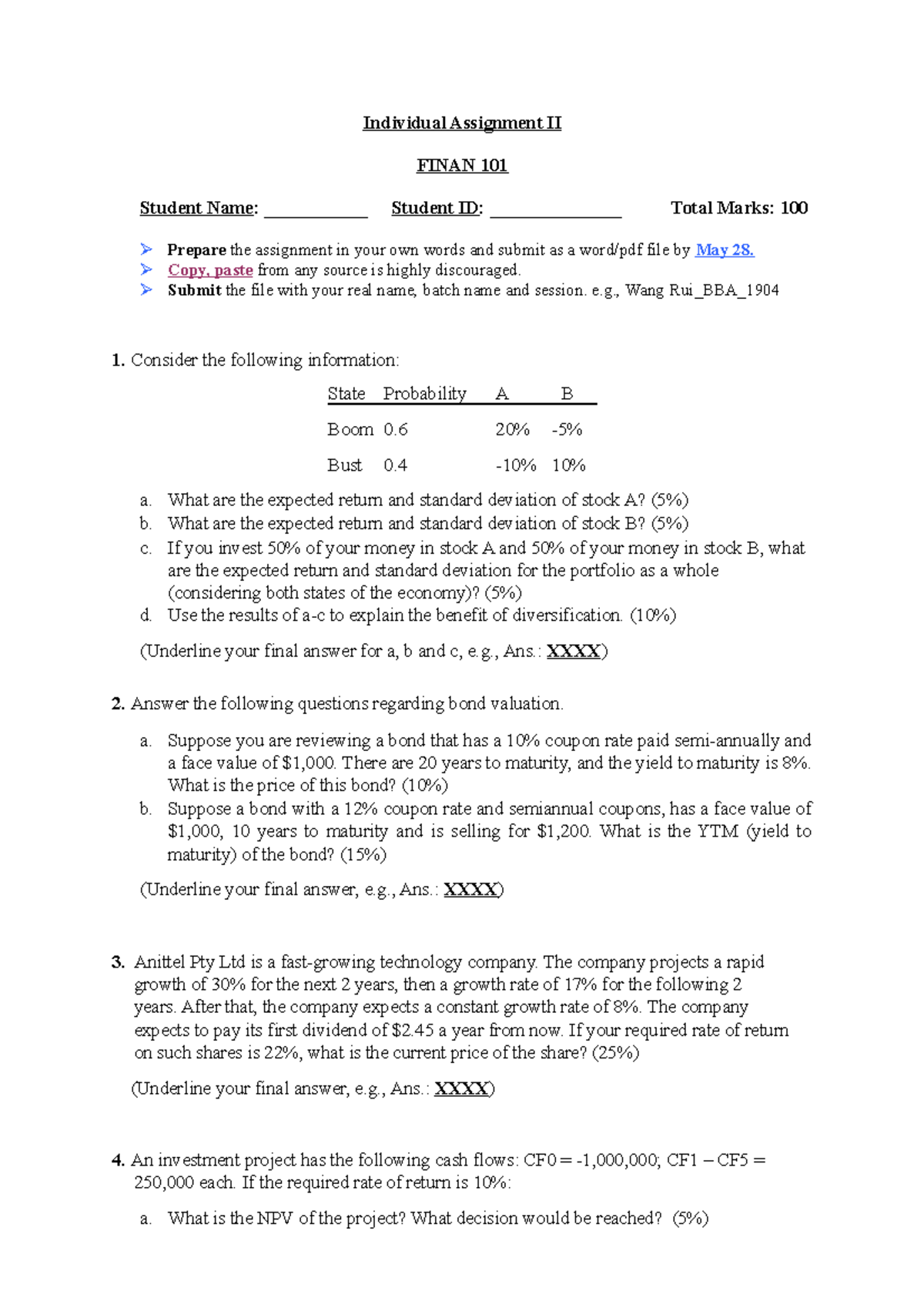 Assignment II - Individual Assignment II FINAN 101 Student Name: ___________ Student ID: - Studocu