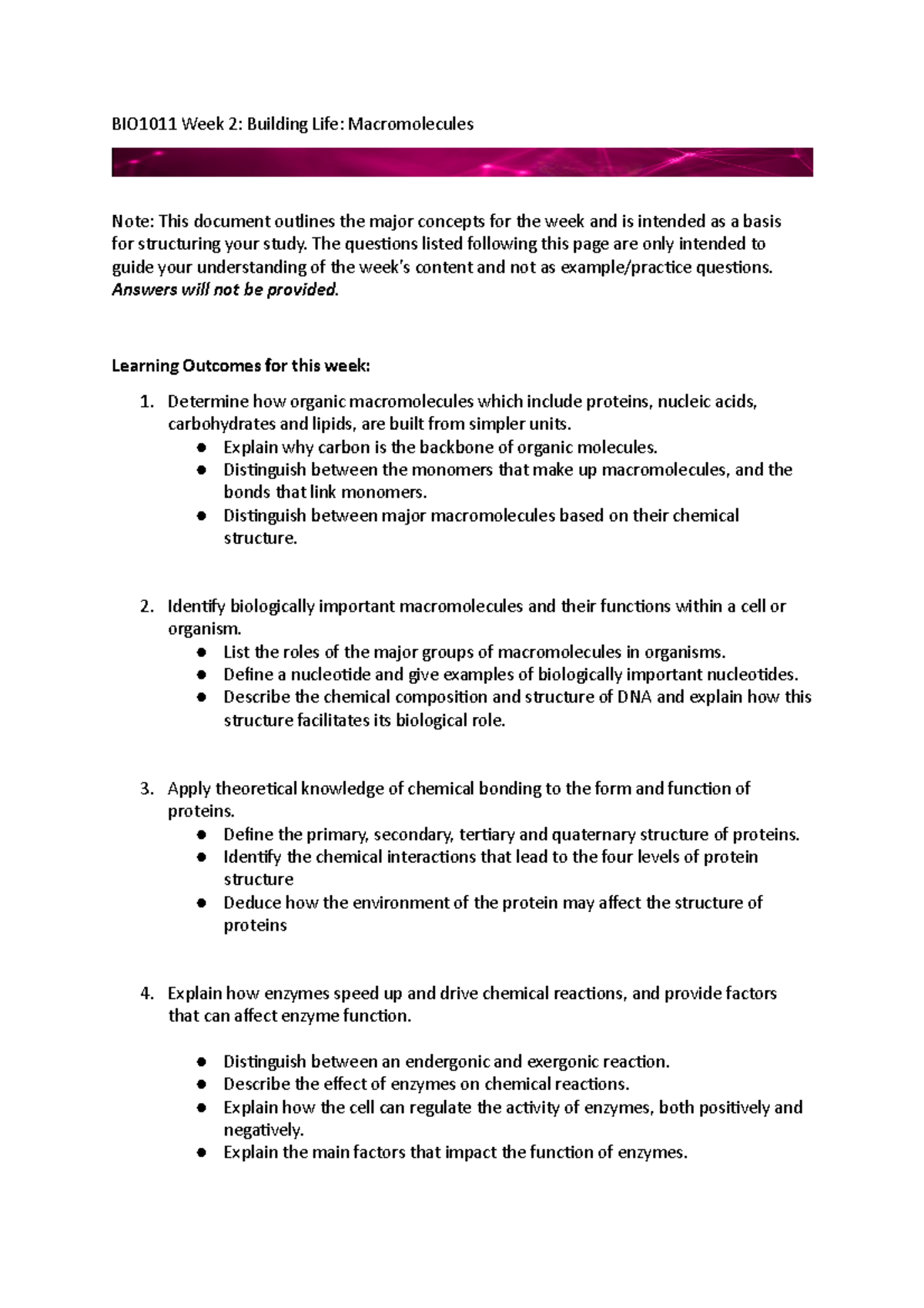 BIO1011 Week 2 Study Guide - BIO1011 Week 2: Building Life ...
