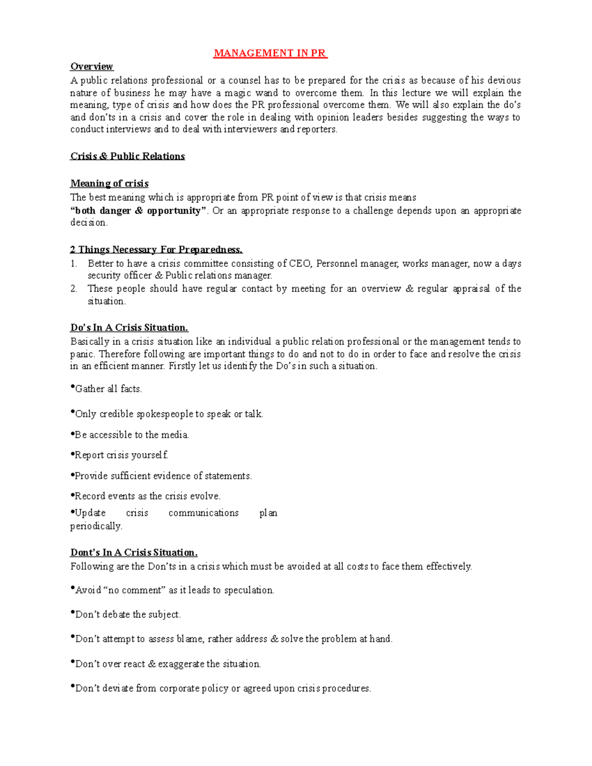 Ch08 Management in PR - /Public-Relations - MANAGEMENT IN PR Overview A ...