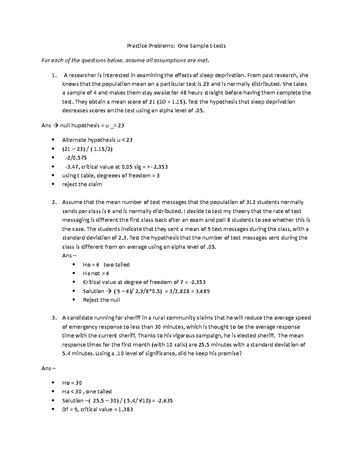 Practice Qs - One Sample t-tests - Practice Problems: One Sample t ...