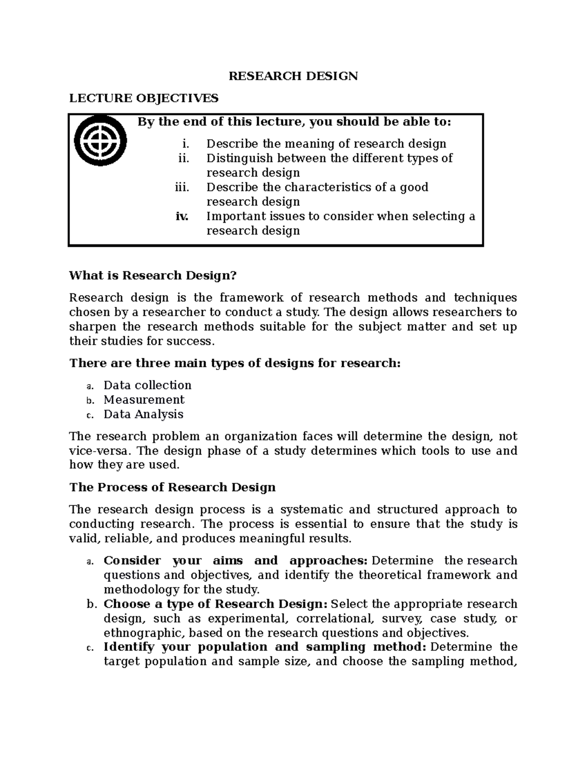 FOUR Research Design Notes - RESEARCH DESIGN LECTURE OBJECTIVES By the ...