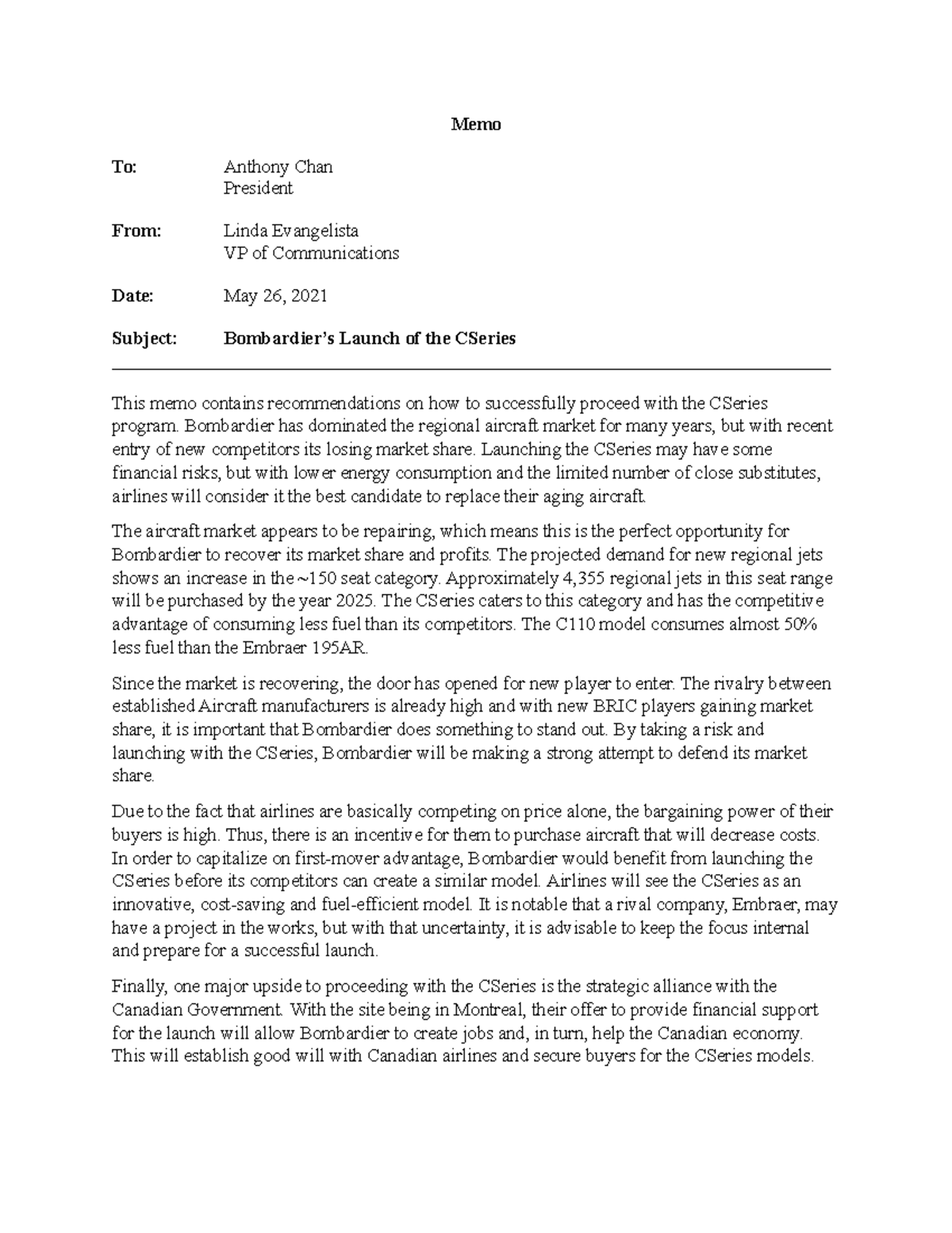 478 Memo 2 - good assignment example - Memo To: Anthony Chan President ...