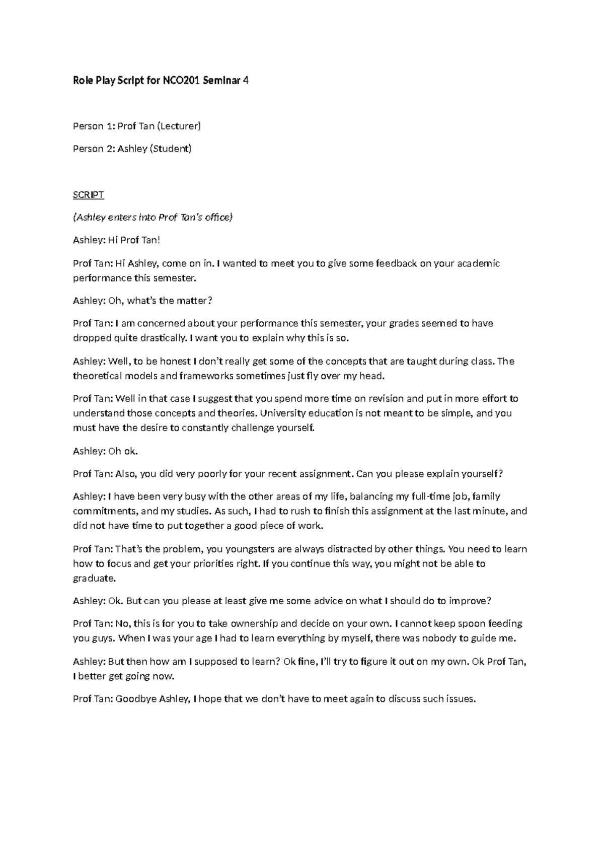 script for class activity - Role Play Script for NCO201 Seminar 4 ...