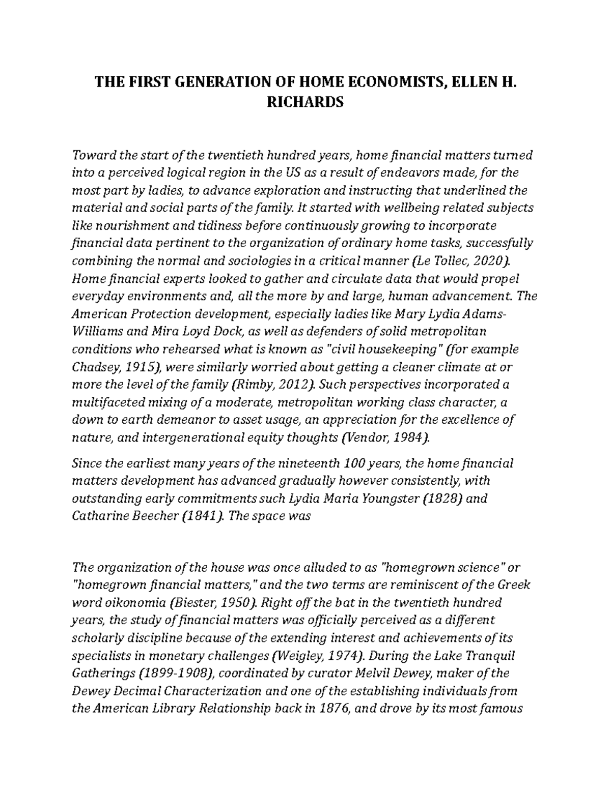 THE First Generation OF HOME Economists, Ellen H. Richards - THE FIRST ...