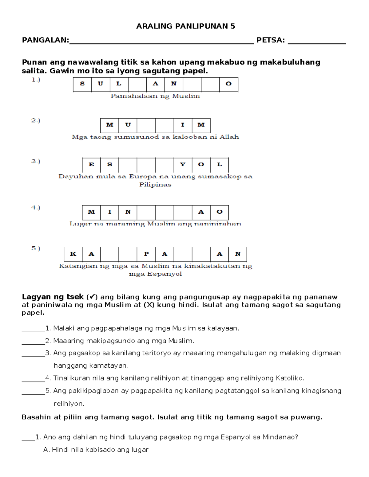 Grade 5 AP quiz 2 - ARALING PANLIPUNAN 5 - Studocu