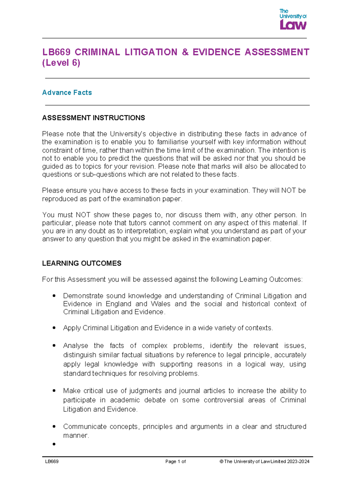 Advanced facsts - international - LB669 CRIMINAL LITIGATION & EVIDENCE ...