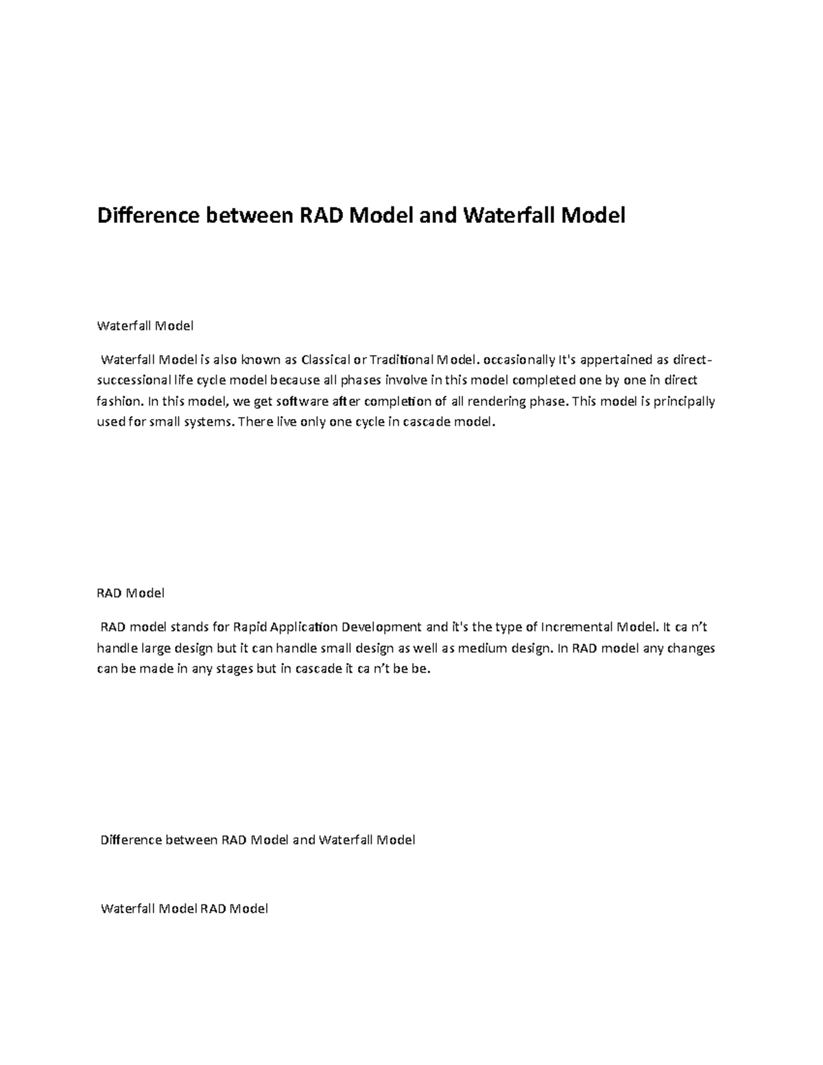 Difference between RAD Model and Waterfall Model - occasionally It's appertained as direct ...