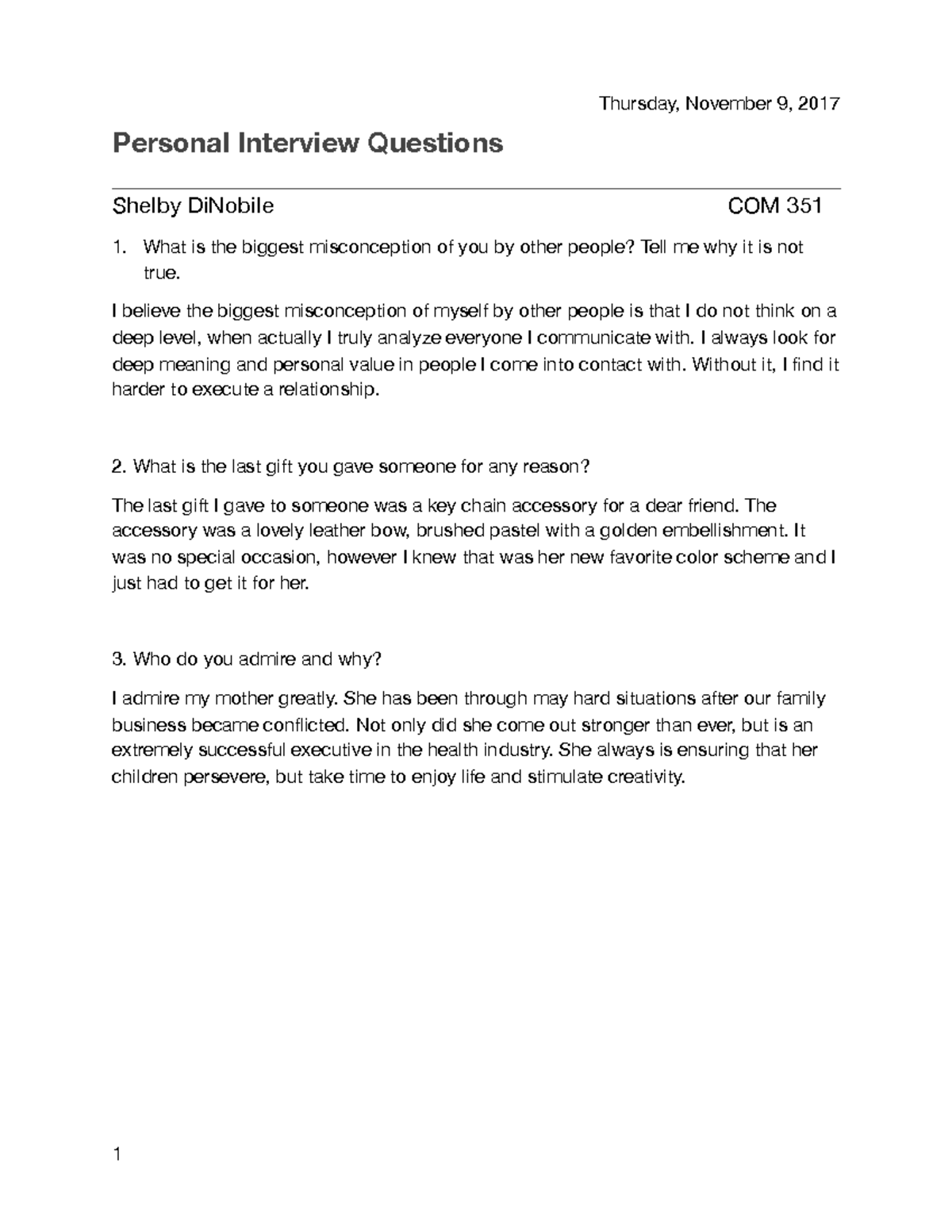 Personal Interview Questions - COM 351 - Thursday, November 9, 2017 ...