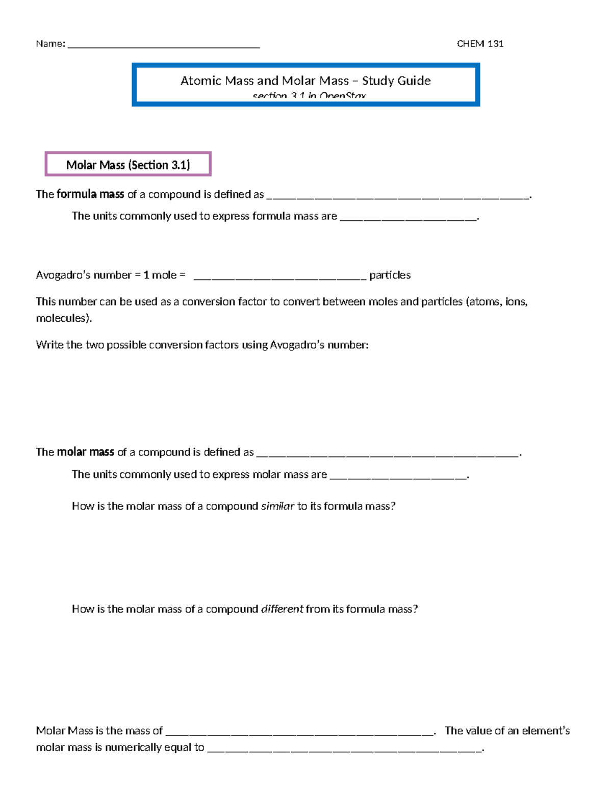 CH3 Atomic and Molar Mass Study Guide - Name: ___________________________________ CHEM 131 Molar ...