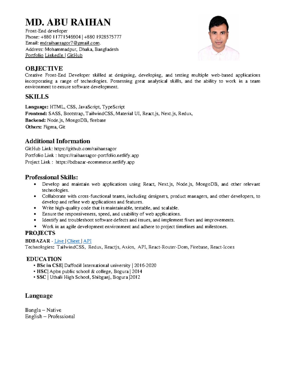 Raihan CSE DIU - asdfg - MD. ABU RAIHAN Front-End developer Phone: +880 ...