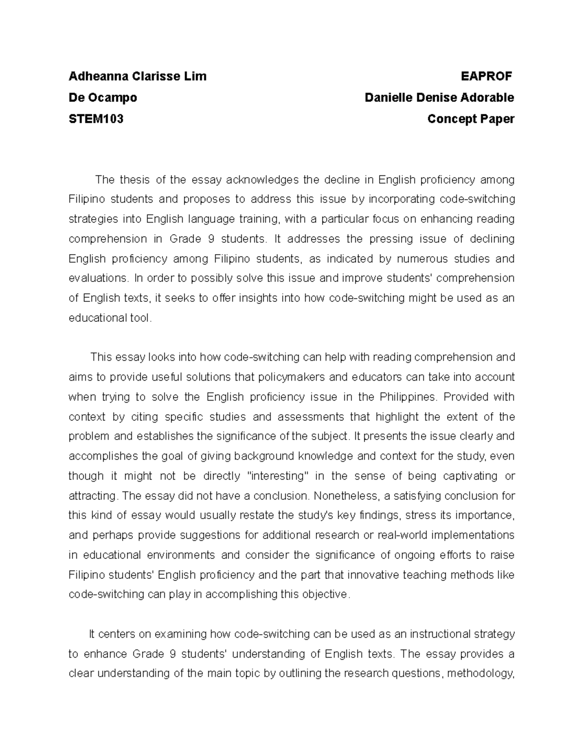 Concept Paper LIM - Adheanna Clarisse Lim EAPROF De Ocampo Danielle ...