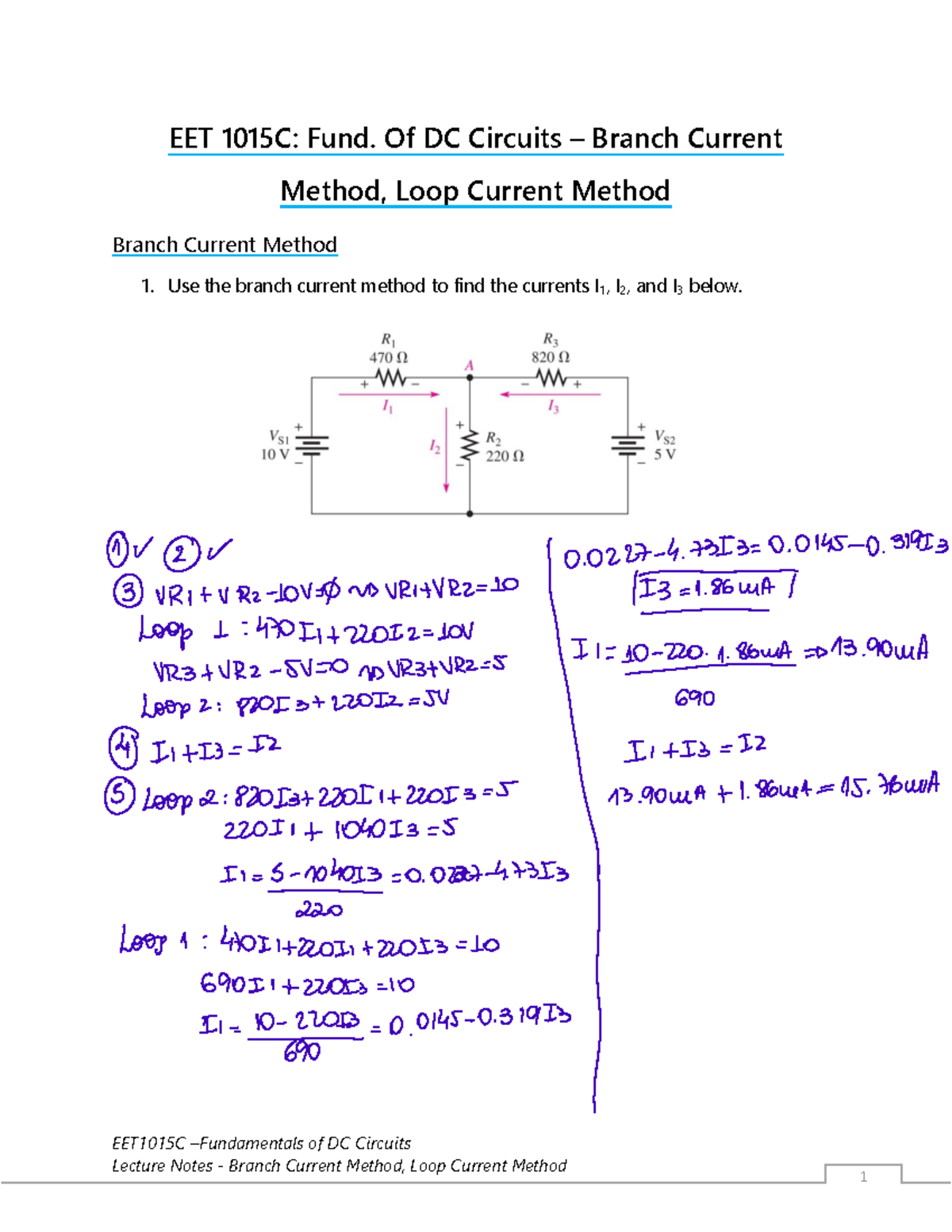 EET 1015C Lecture Notes - Branch Current Method, Loop Current Method ...