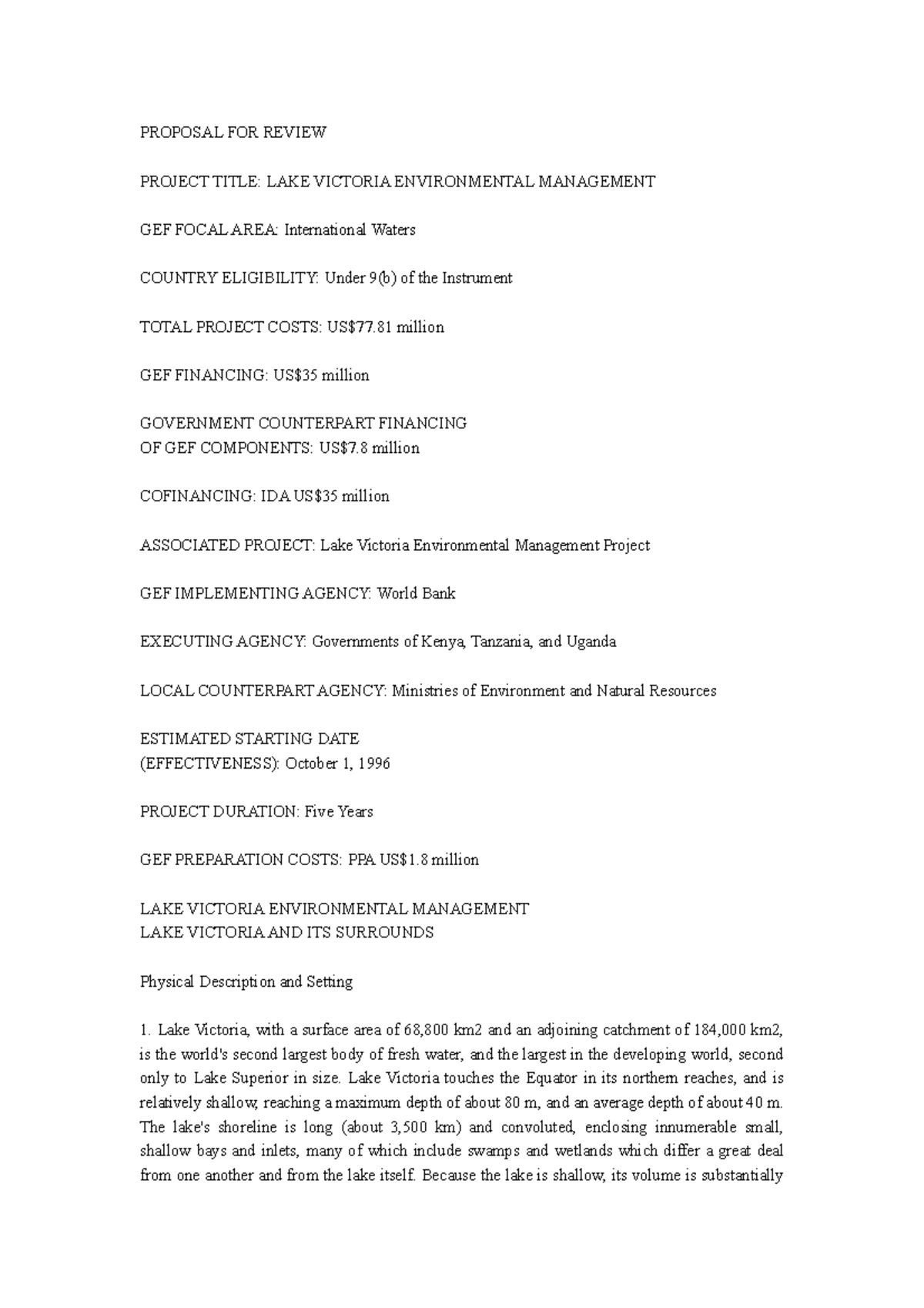 Water project 2 - PROPOSAL FOR REVIEW PROJECT TITLE: LAKE VICTORIA ...