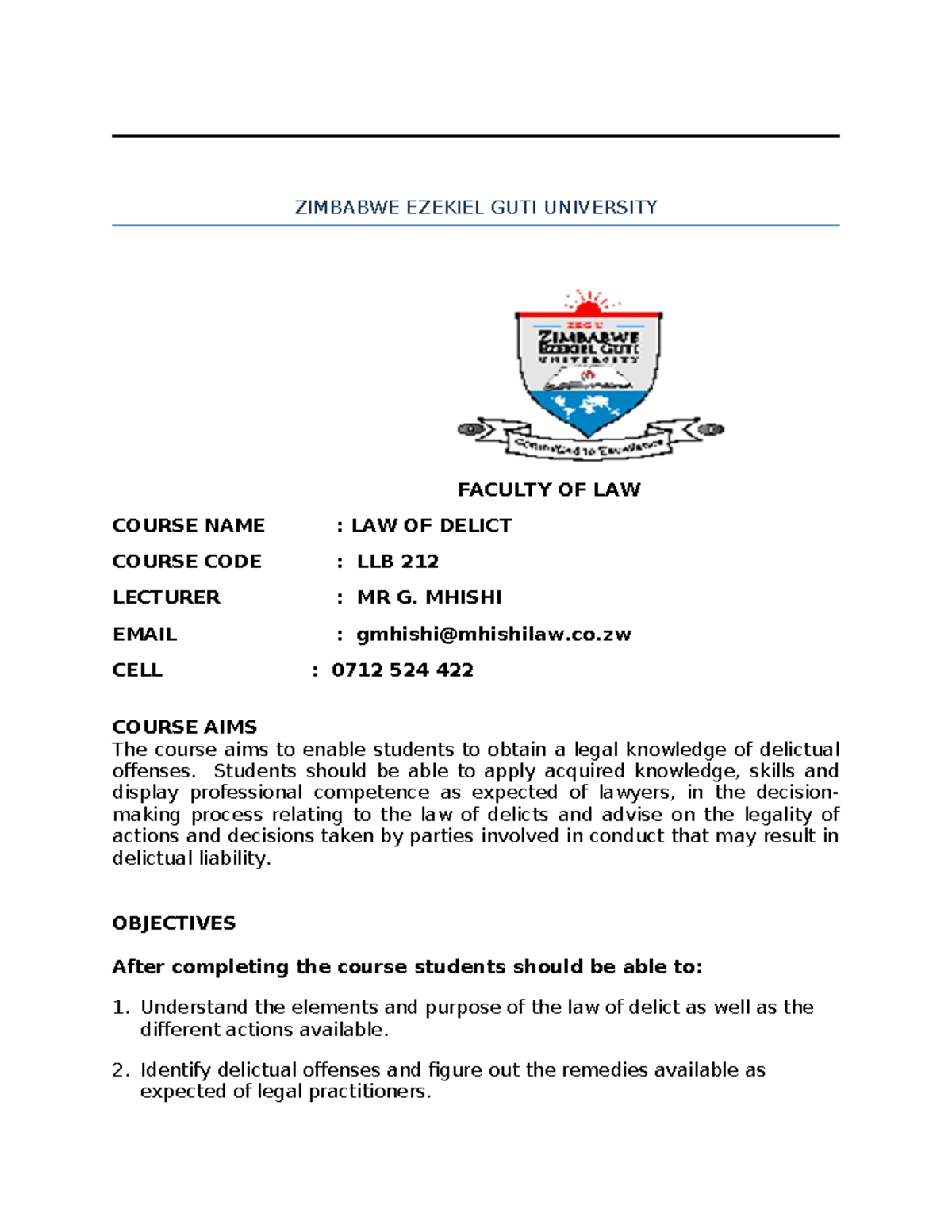 LAW OF Delict Course Outline ZEGU - ZIMBABWE EZEKIEL GUTI UNIVERSITY ...