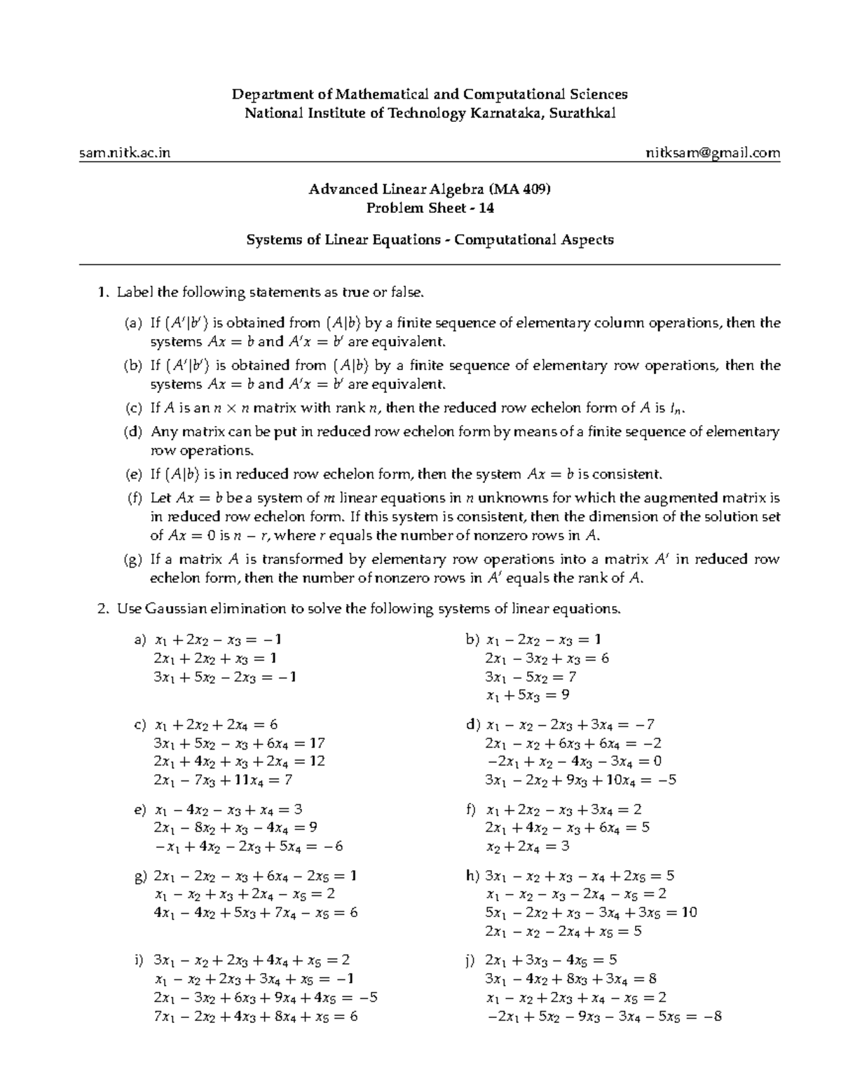 Systems of Linear Equations - Computational Aspects - Department of ...
