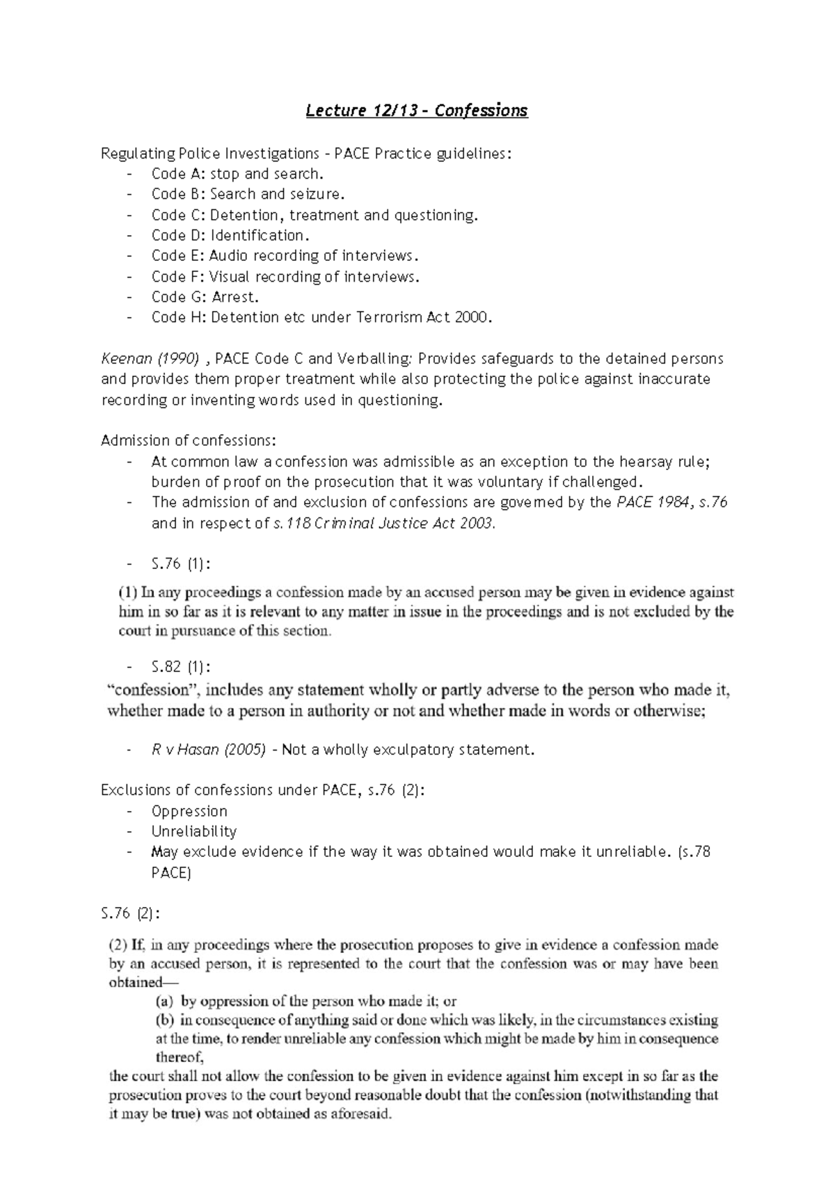 Lecture 12 13 - Confessions - Lecture 12/13 - Confessions Regulating Police Investigations ...
