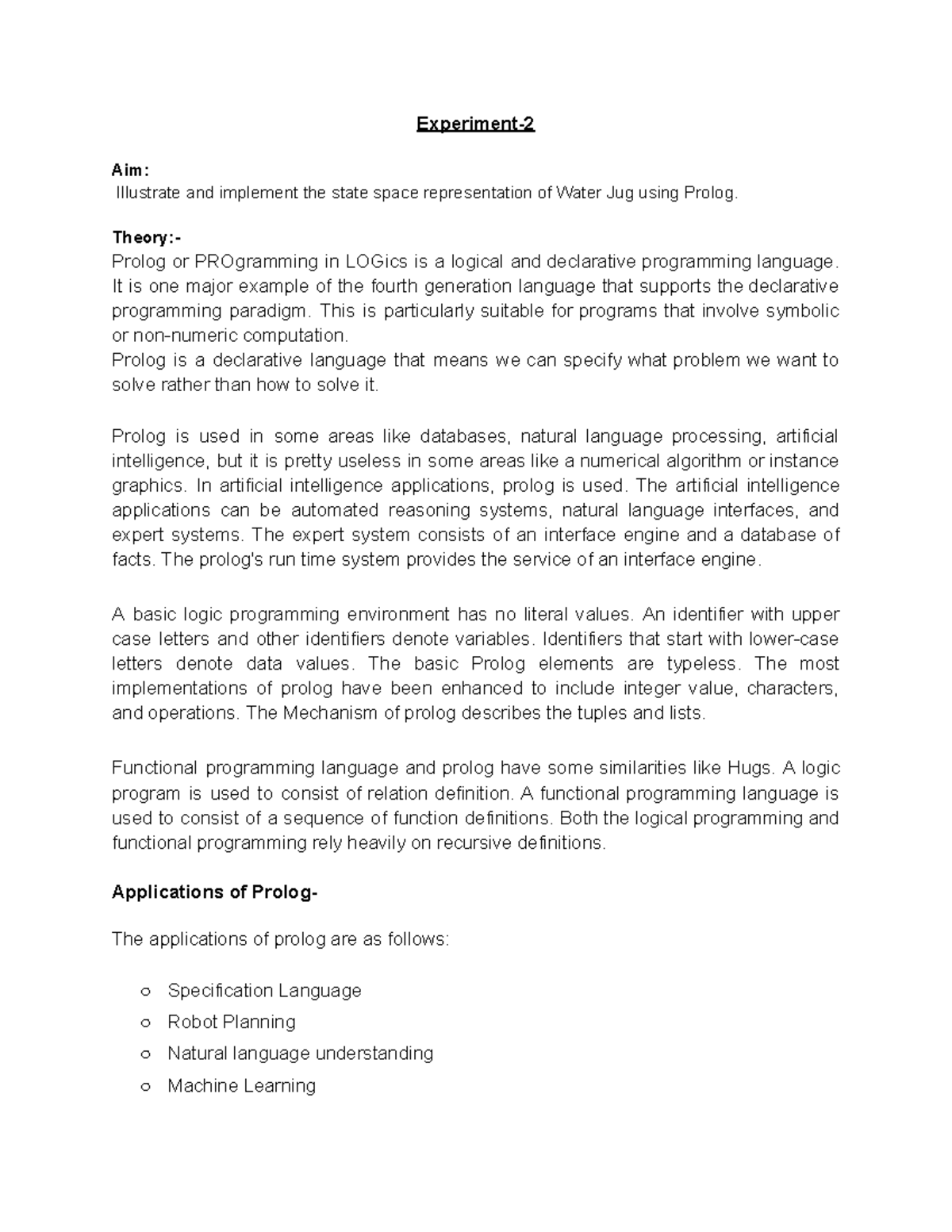 Ai Exp-2 - Experiment- Aim: Illustrate and implement the state space representation of Water Jug ...