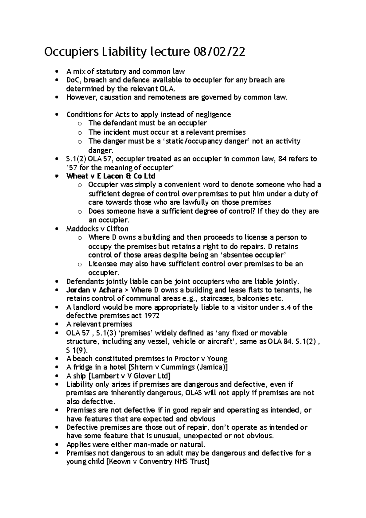 Occupiers Liability lecture 08:02 - Occupiers Liability lecture 08/02 ...