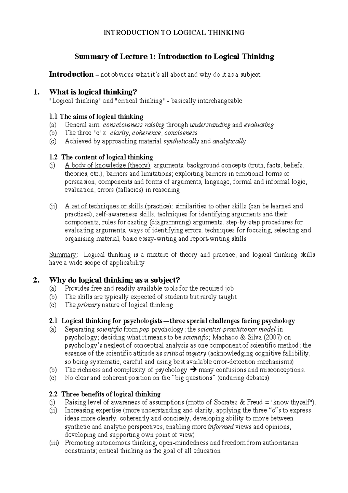 Logic Lect 1summpdf Lntroduction To Logical Thinking Summary Of Lecture 1 Introduction To