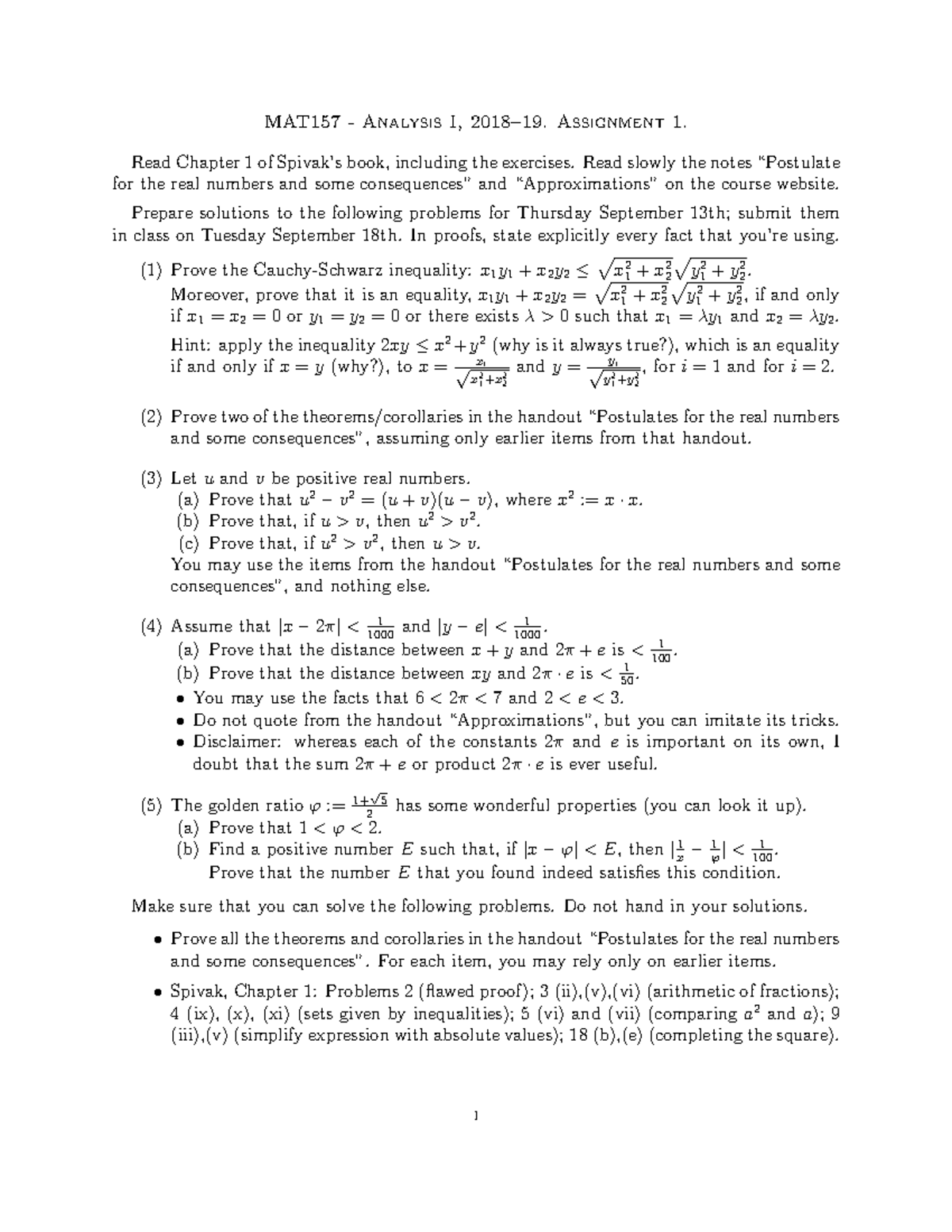 Pset - Assignment - MAT157 - Analysis I, 2018–19. Assignment 1. Read ...