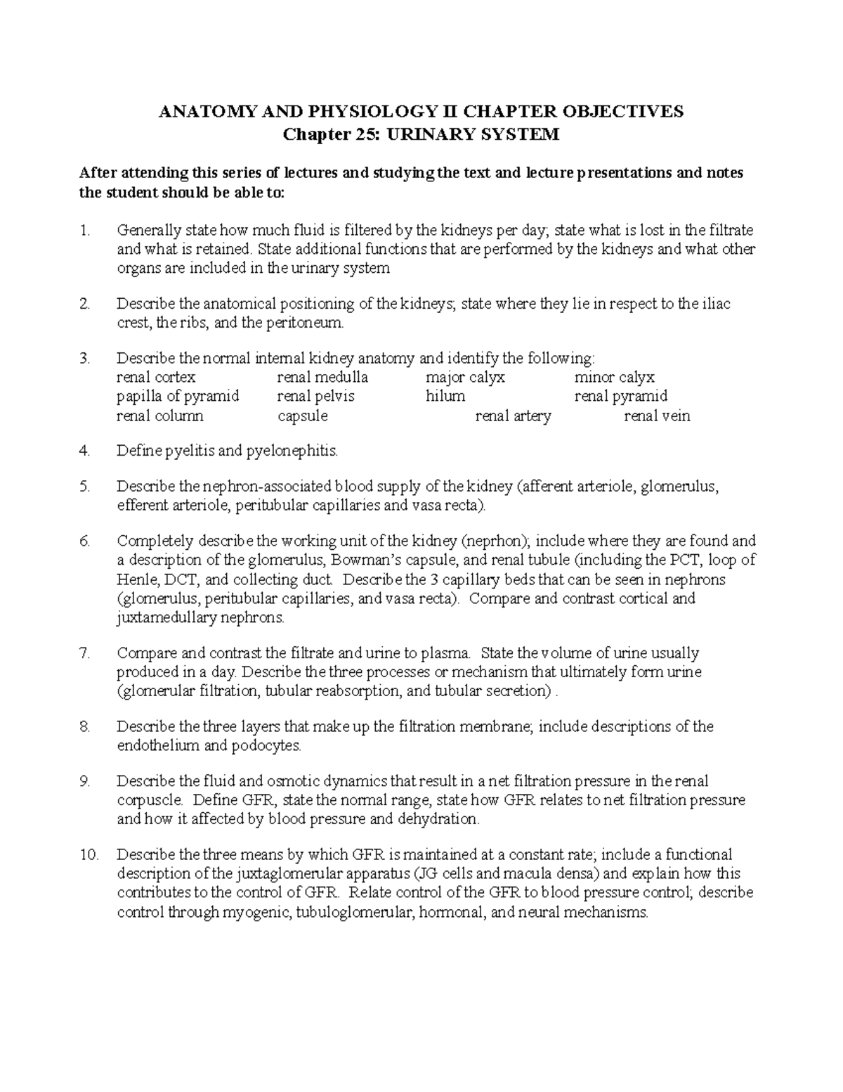 CH 25 Urinary System Objectives - ANATOMY AND PHYSIOLOGY II CHAPTER ...