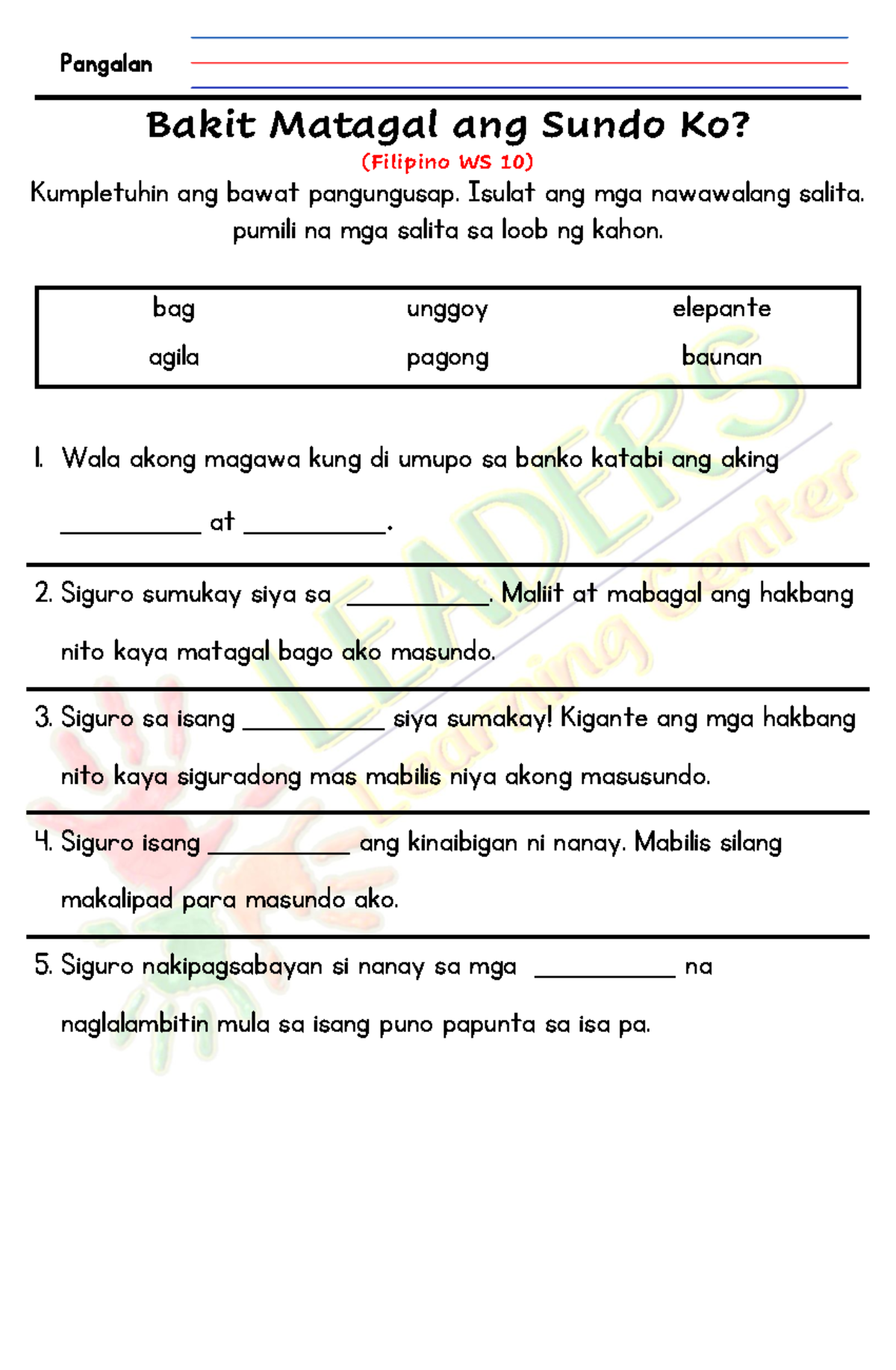 November - Filipino - Sample Worksheets - Pangalan Bakit Matagal ang ...