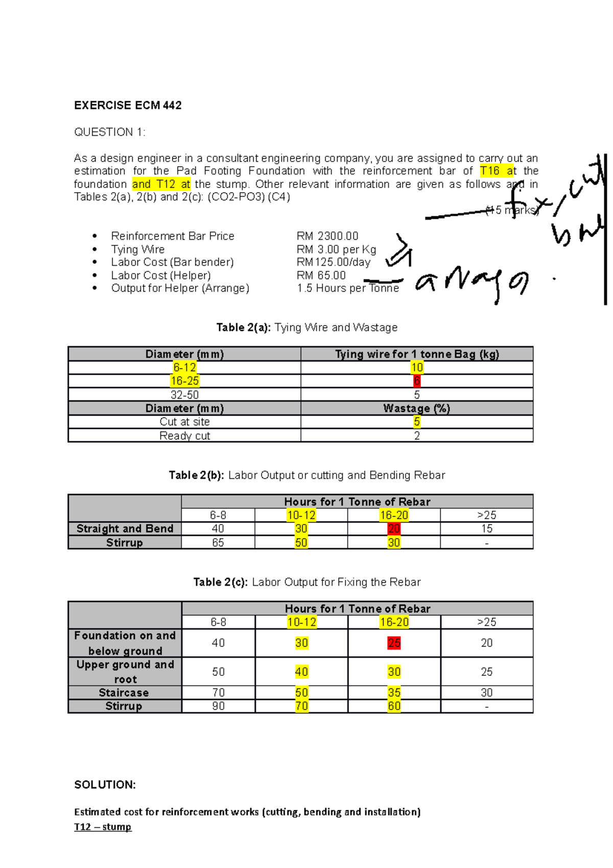 Exercise ECM 442 - Estimation - EXERCISE ECM 442 QUESTION 1: As a design engineer in a ...