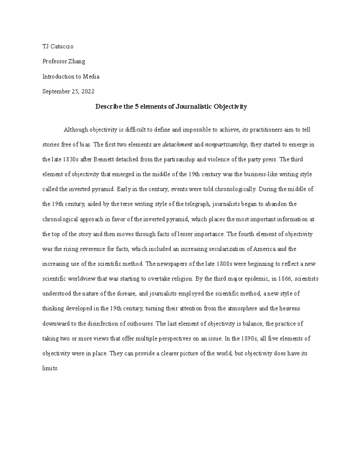 5 Elemnets of Journalistic Objectivity - TJ Catuccio Professor Zhang ...