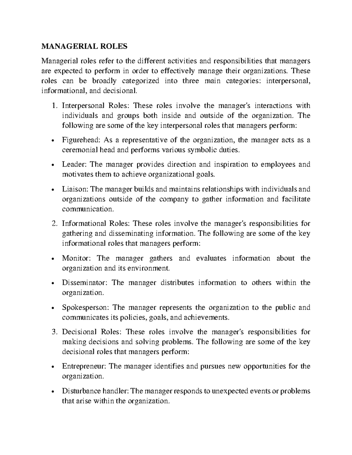 Fundamental of Management Unit 1 Notes Part 2 - MANAGERIAL ROLES ...