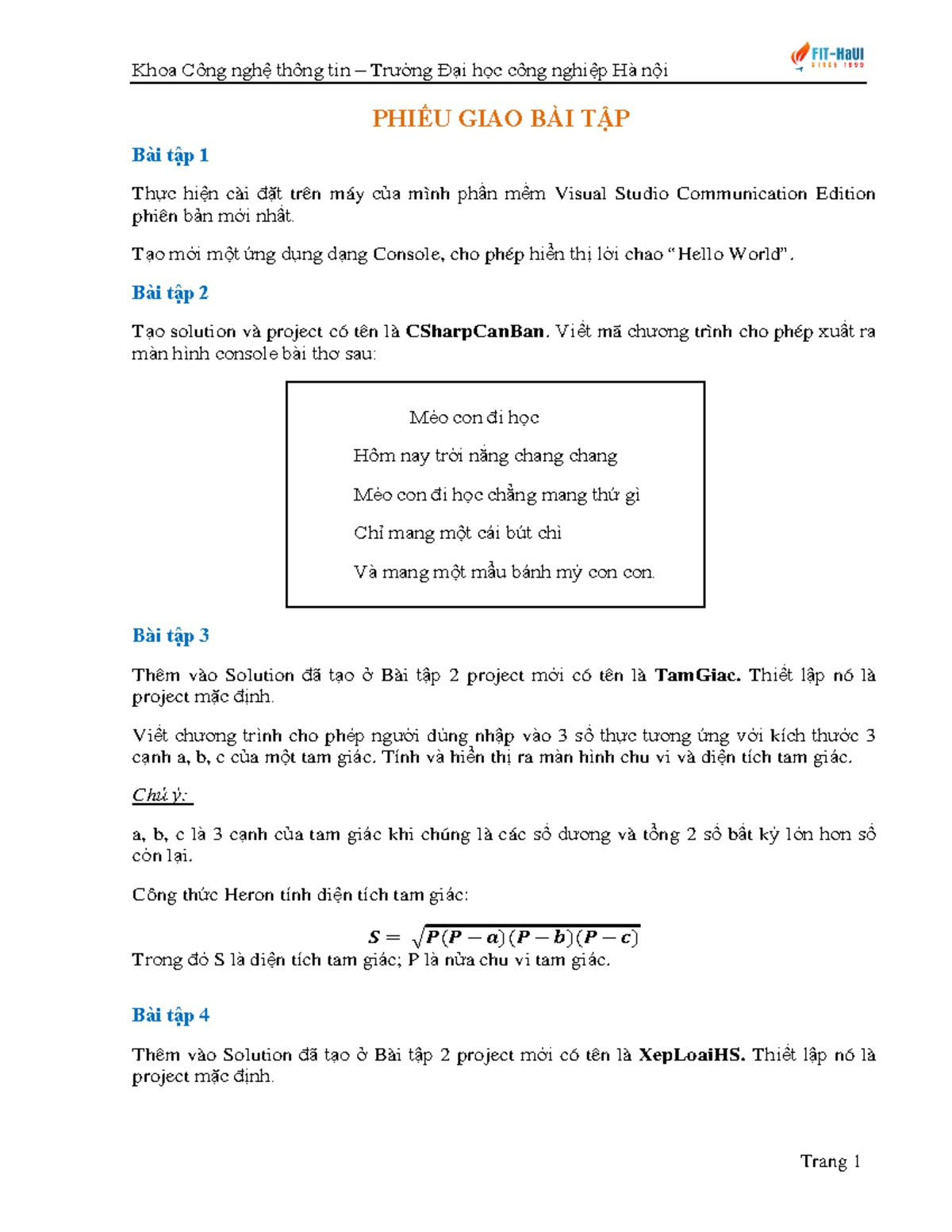 Bai1 Phieu bai tap Lap trinh NET - Khoa Công nghệ thông tin – Trường ...