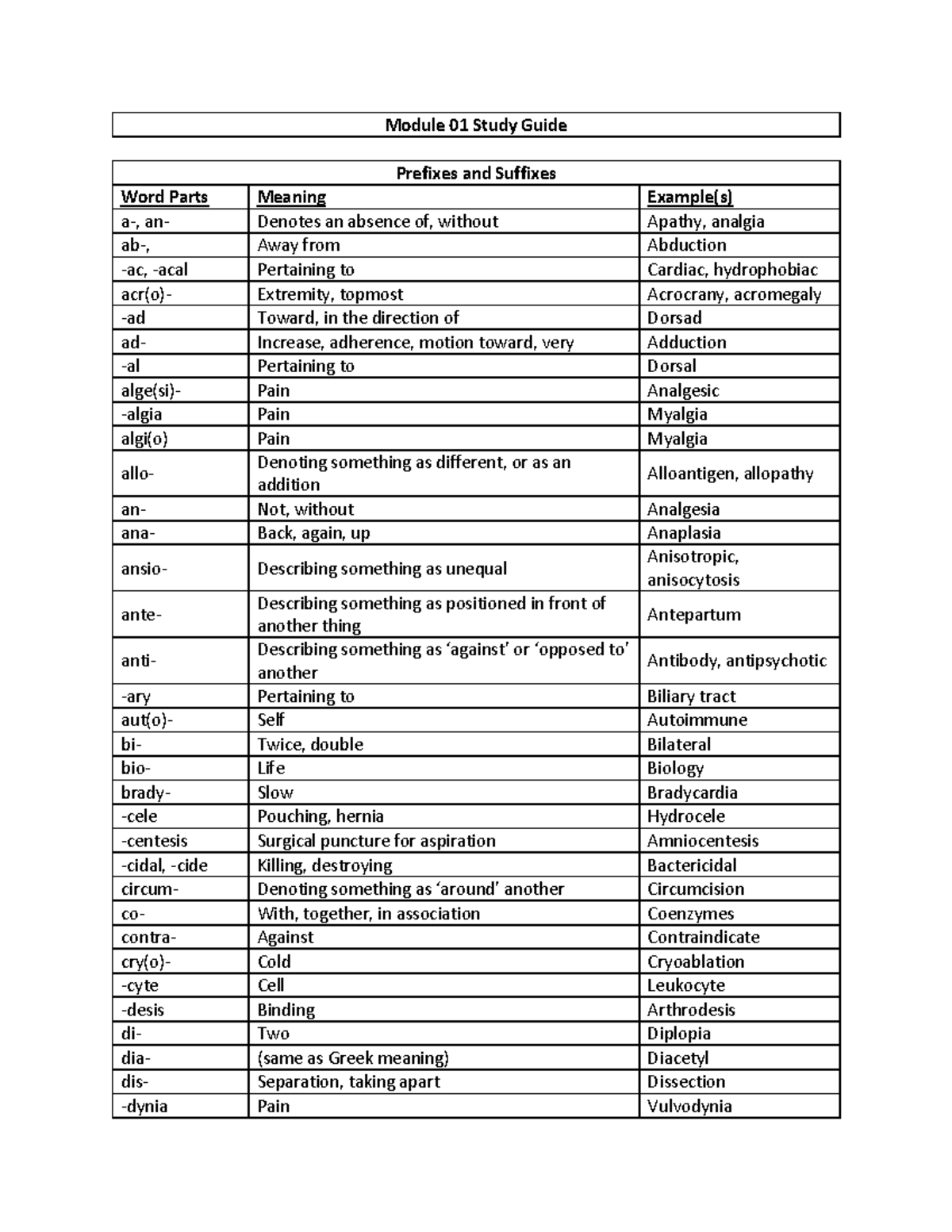 Module 01 Study Guide - Module 01 Study Guide Prefixes and Suffixes ...