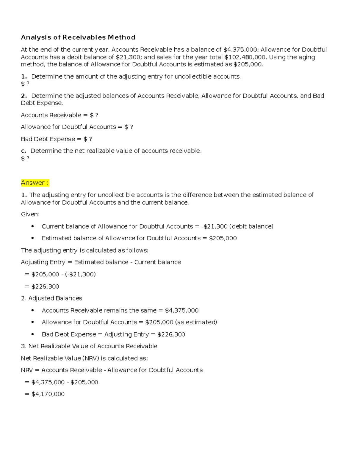 Analysis of Receivables Method - Using the aging method, the balance of ...